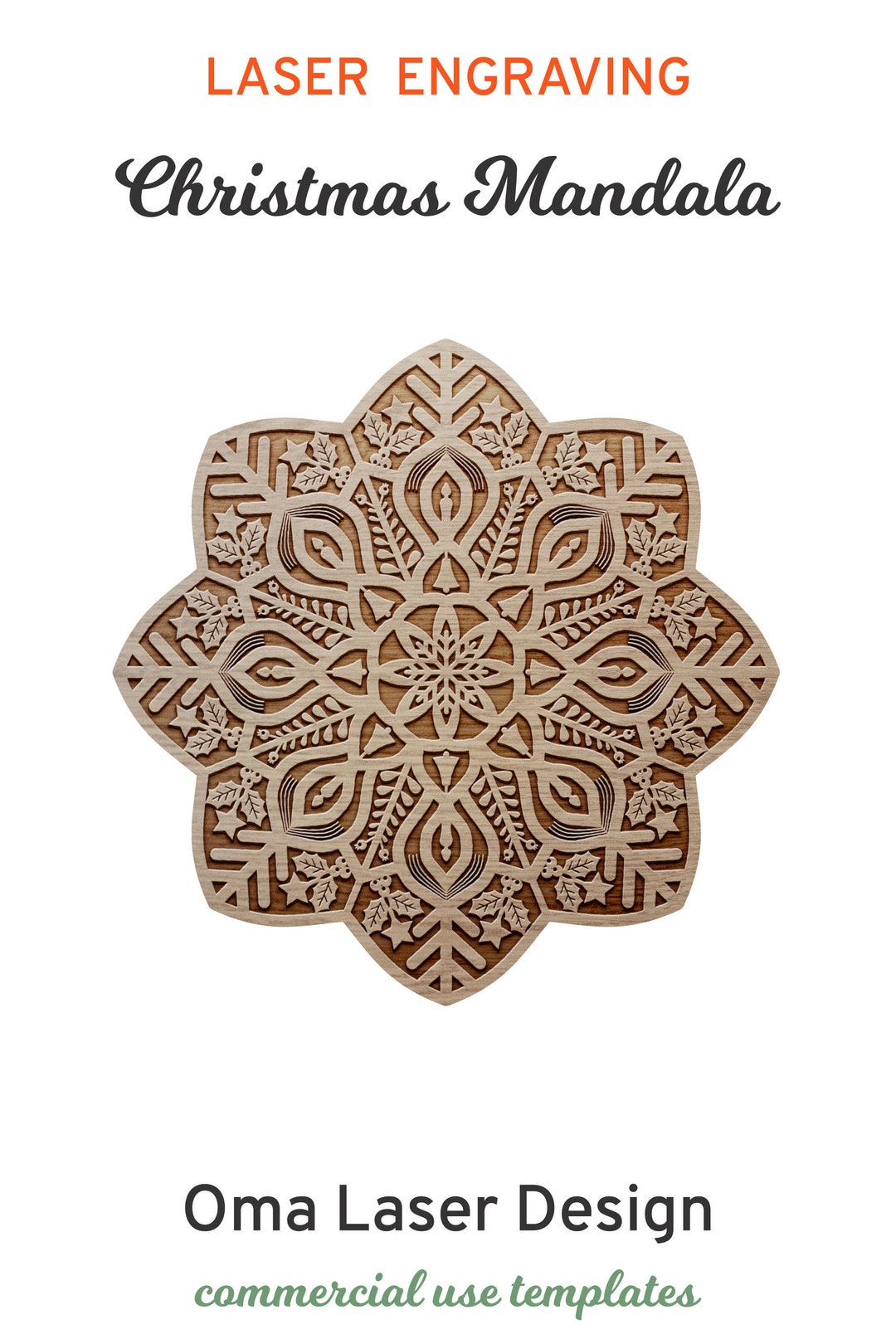 Christmas Mandala Svg Cutout. Xmas Ornament Laser Engraving File. Holly ...