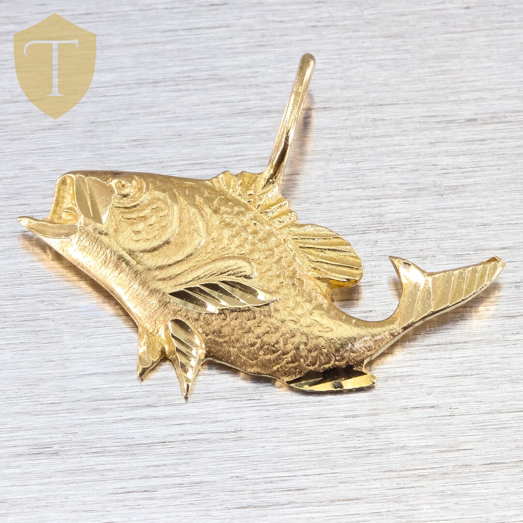 14K Yellow Gold Modern Unisex Bass Fish Pendant / Charm - 1.5g - Etsy