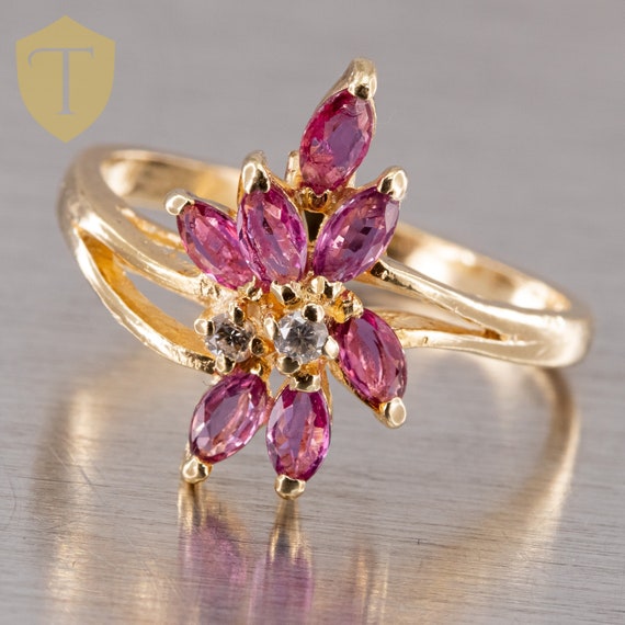 14k Yellow Gold Pink Ruby & Diamond Cluster Ladies Vi… - Gem