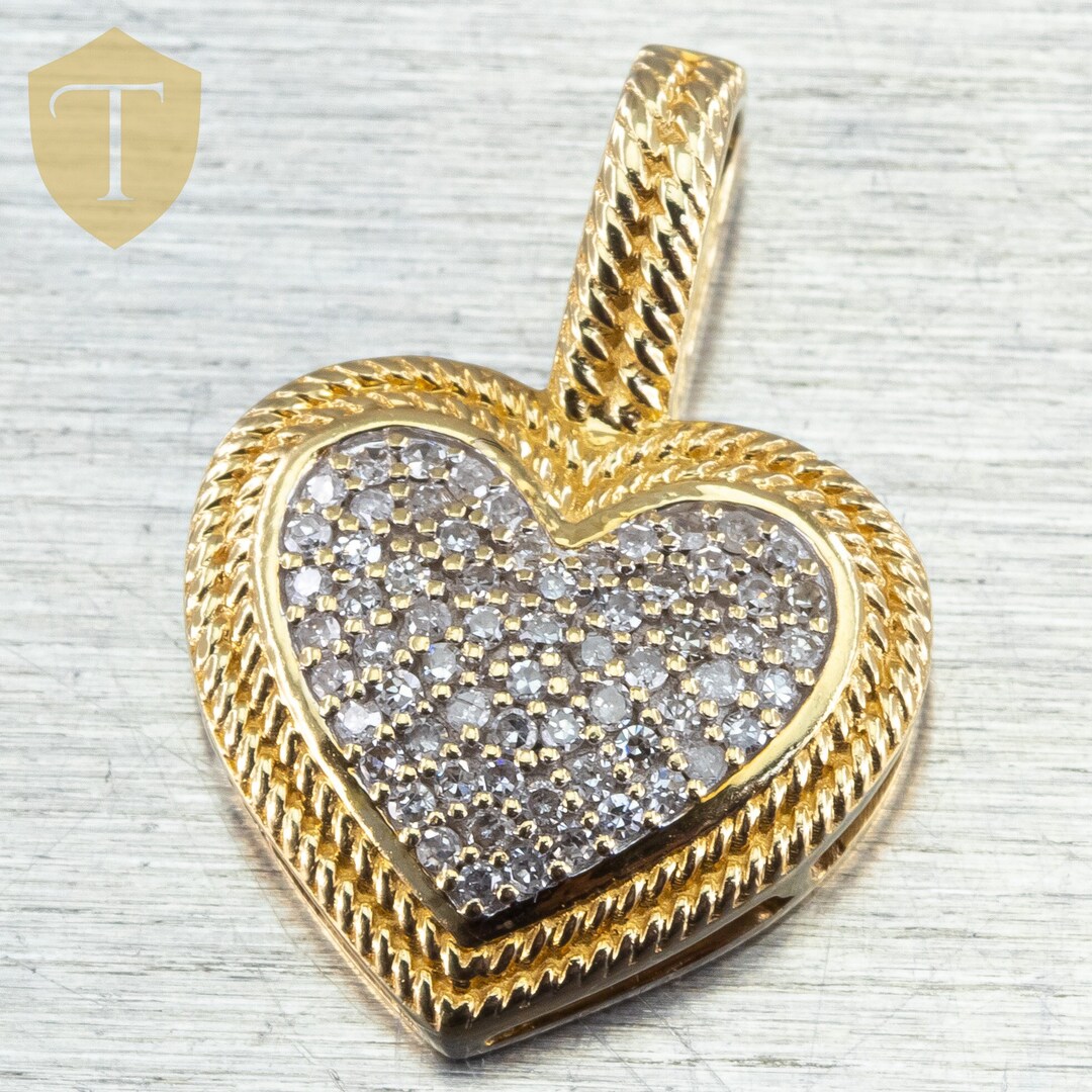 10K Yellow Gold Sparkly Diamond Heart Modern Ladies Pendant 1.5g - Etsy