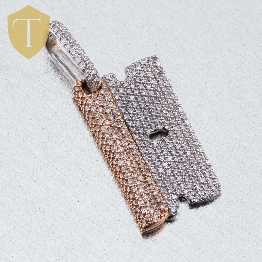 14K Two Tone Gold Diamond Encrusted Razor Blade Modern Unisex Pendant ...