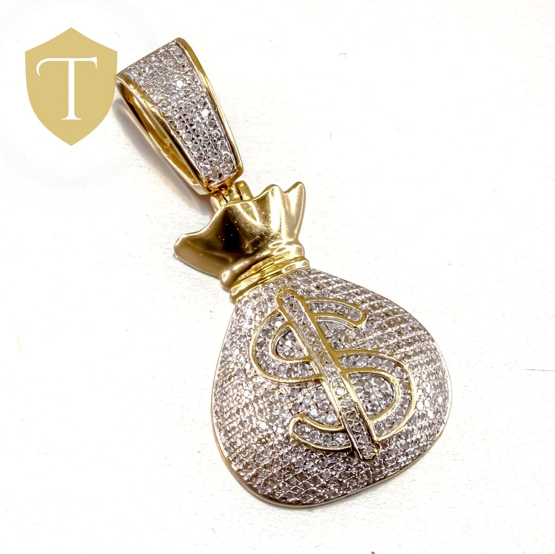10K Yellow Gold Diamond Modern Money Bag Unisex Pendant 6.6g - Etsy