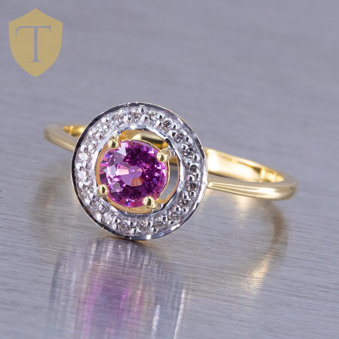 18K Yellow Gold Pink Topaz & Diamonds Ladies Modern Fashion Ring US 7 ...