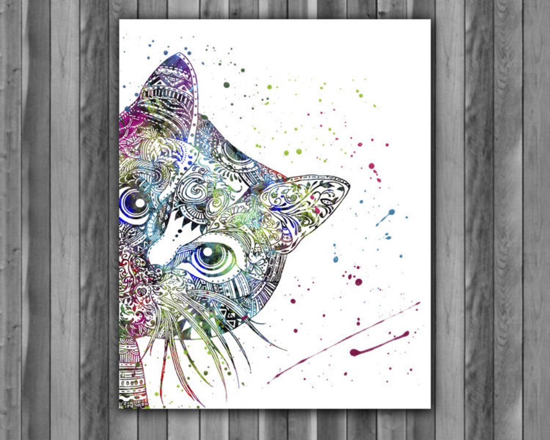Peeking Cat Watercolor Print, Cat Boho Print, Cat Boho Painting, Animal ...