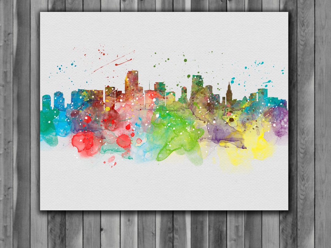 Miami Skyline Watercolor Print, Miami Skyline Art, Miami Skyline ...