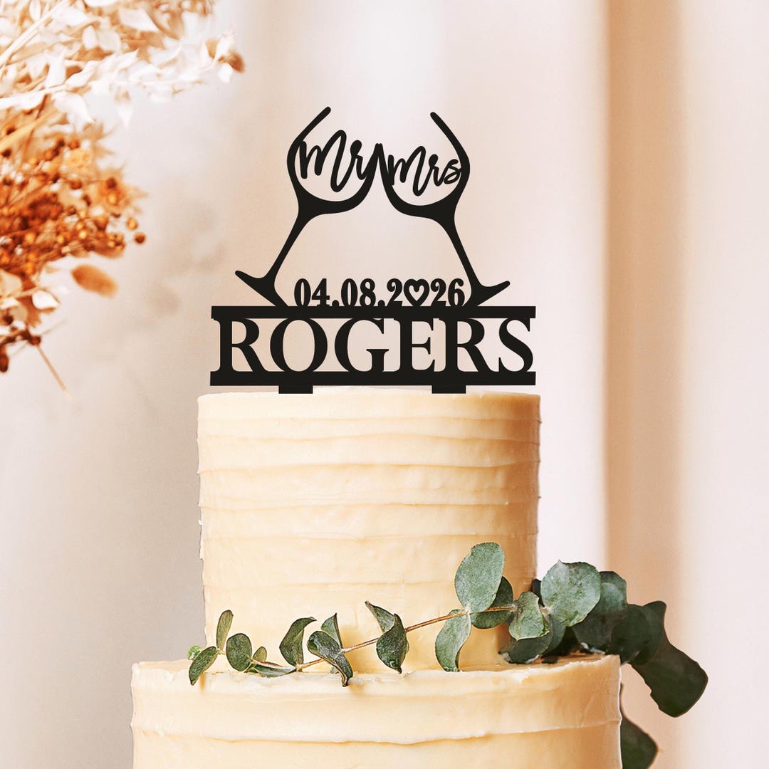 Wine Glasses Wedding Cake Topper,glasses Toasting Cake Topper With Date ...