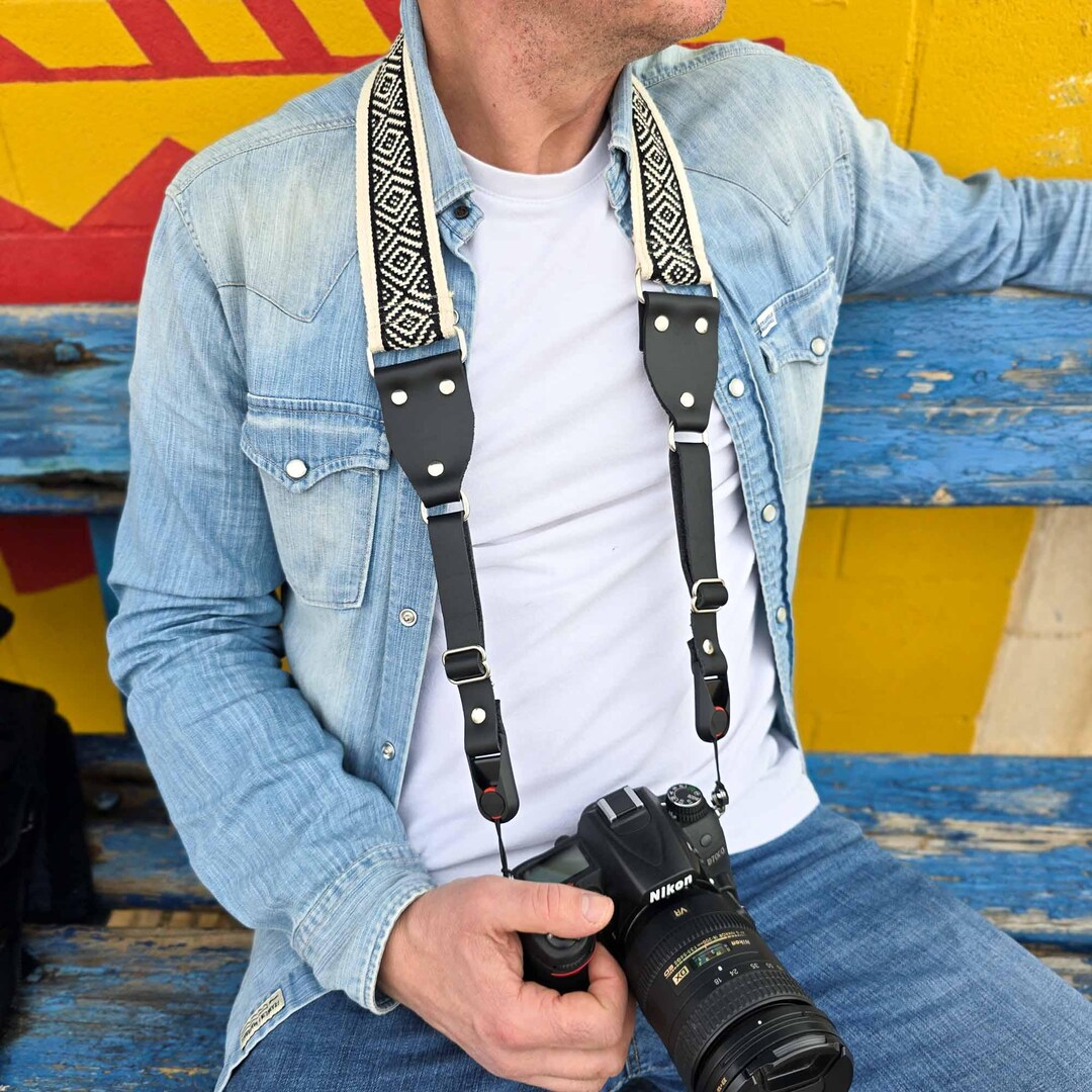 Black and White Boho Camera Strap – Ethnic Woven Design, Leather ...