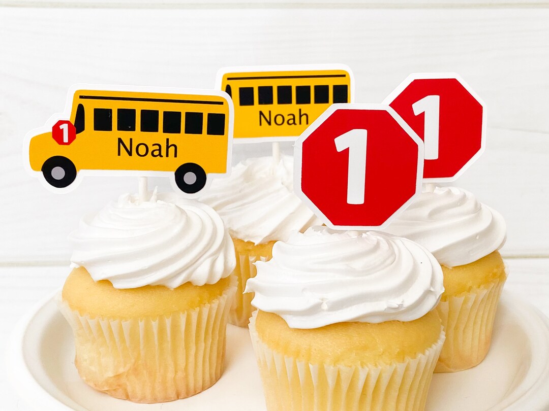 Personalized School Bus Cupcake Toppers: Wheels on the Bus Party, Set ...