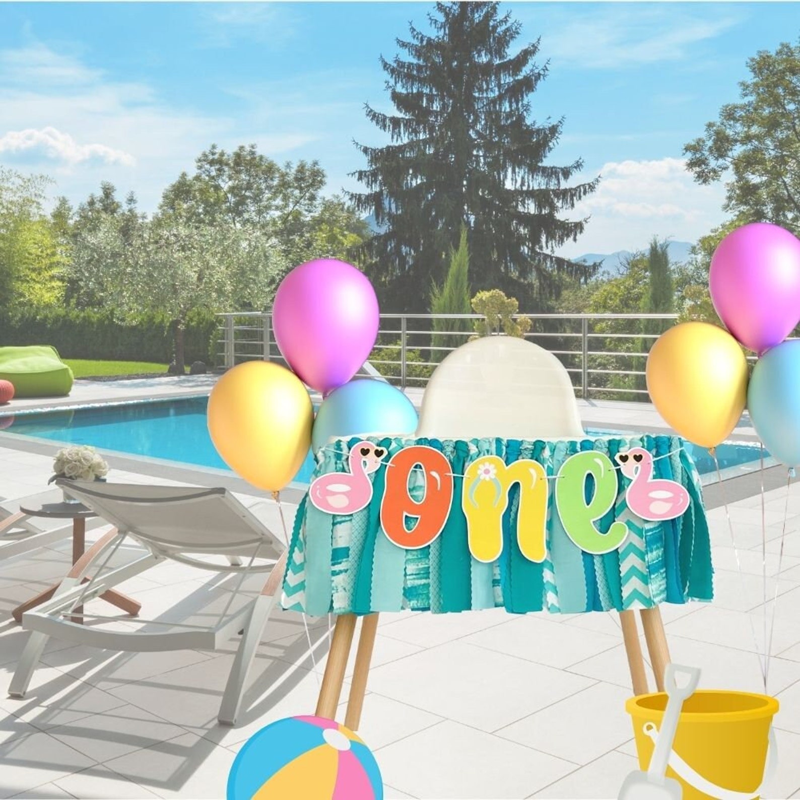 Pool Party First Birthday High Chair Banner, Girl Fabric Highchair ...