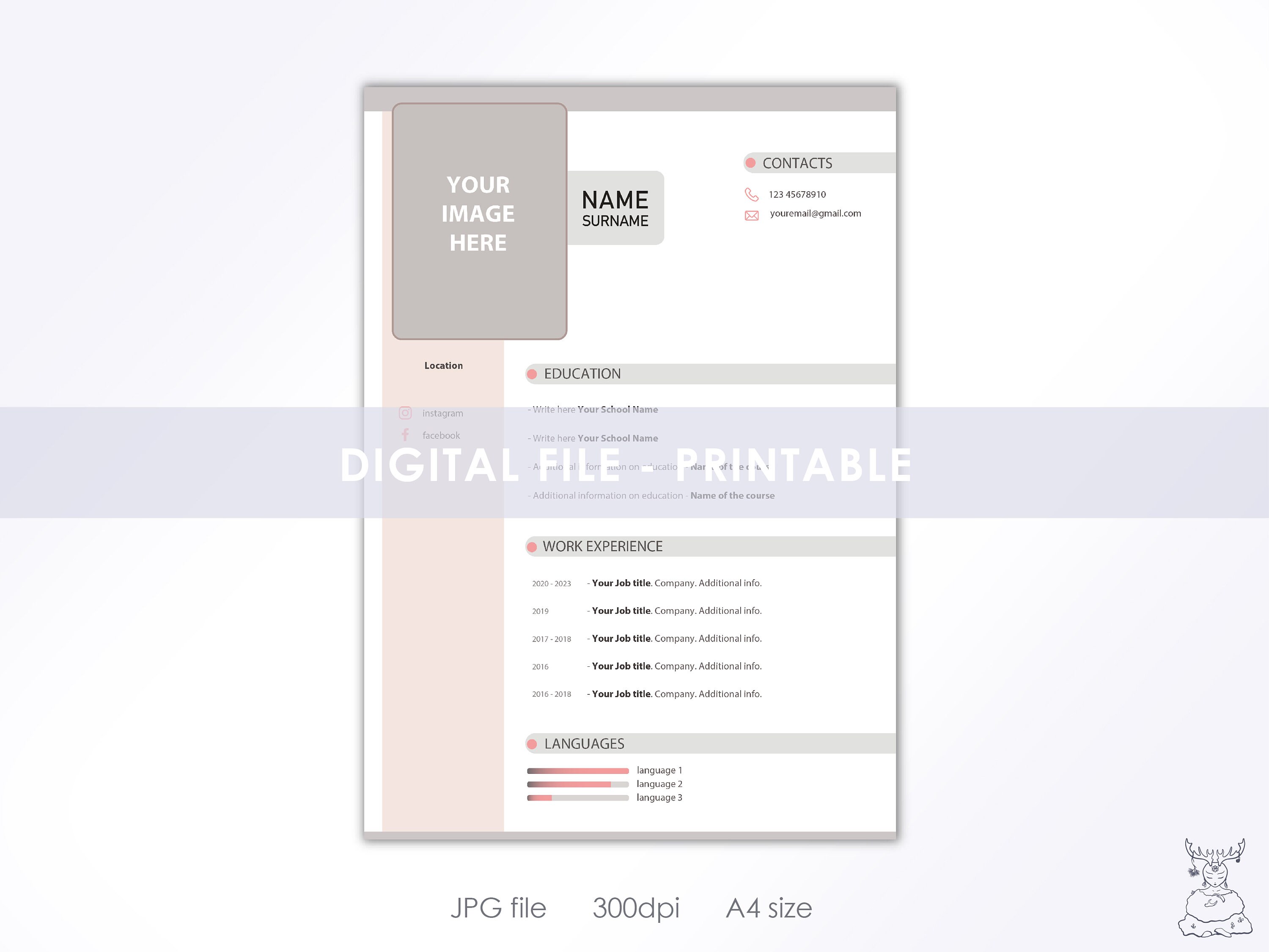Resume Template CV Digital File Editable PDF File Instant Download ...