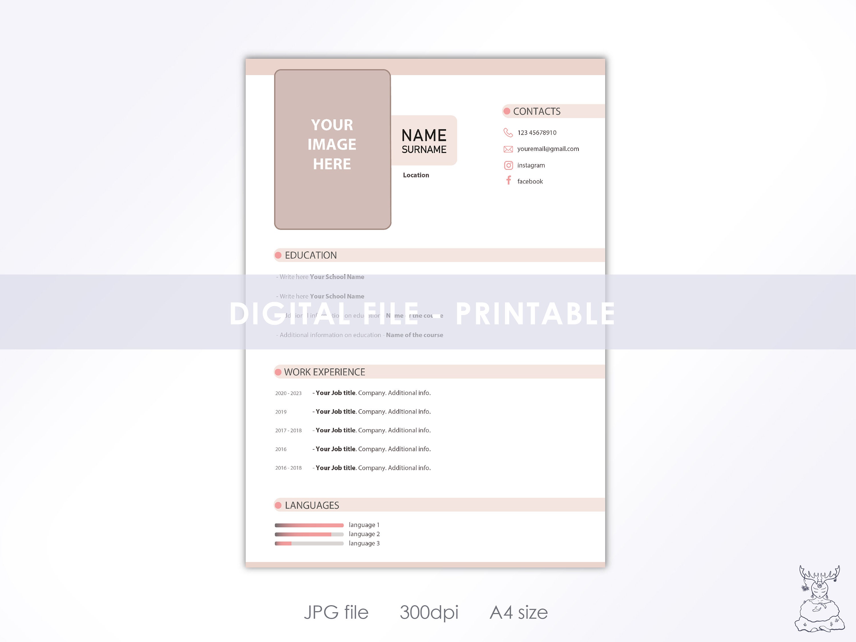 Resume Template CV Digital File Editable PDF File Instant Download ...