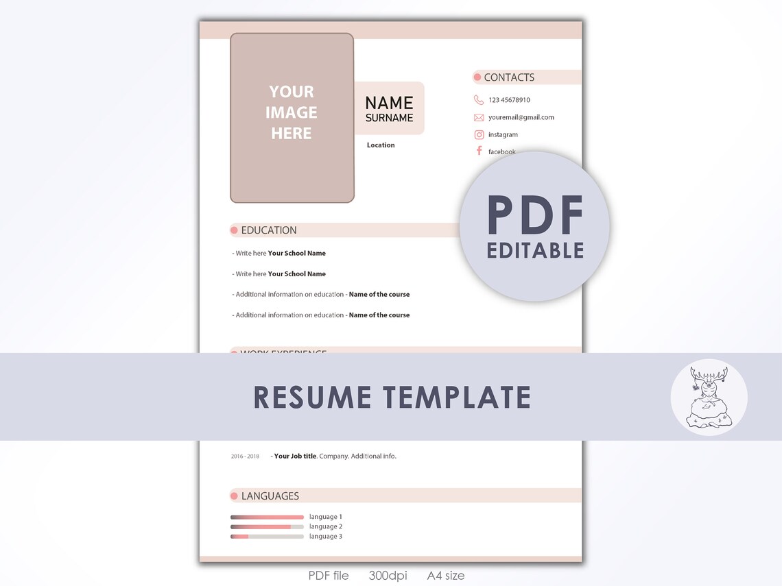 Resume Template CV Digital File Editable PDF File Instant Download ...