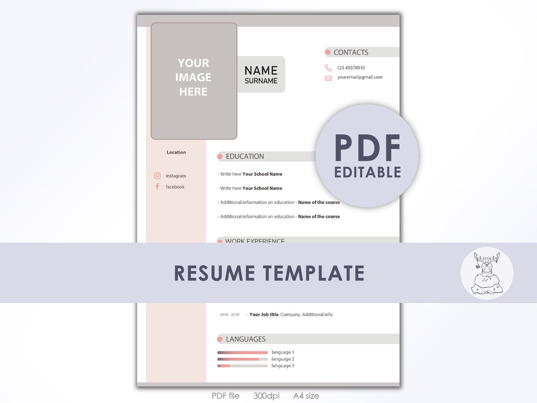 Resume Template CV Digital File Editable PDF File Instant Download ...