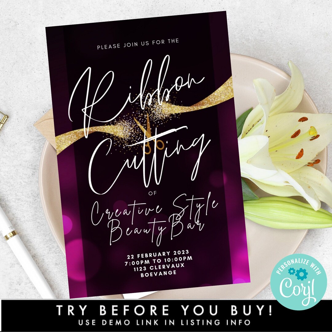Hot Pink & Gold Ribbon Cutting Invitation Template, DIY Editable Ribbon ...