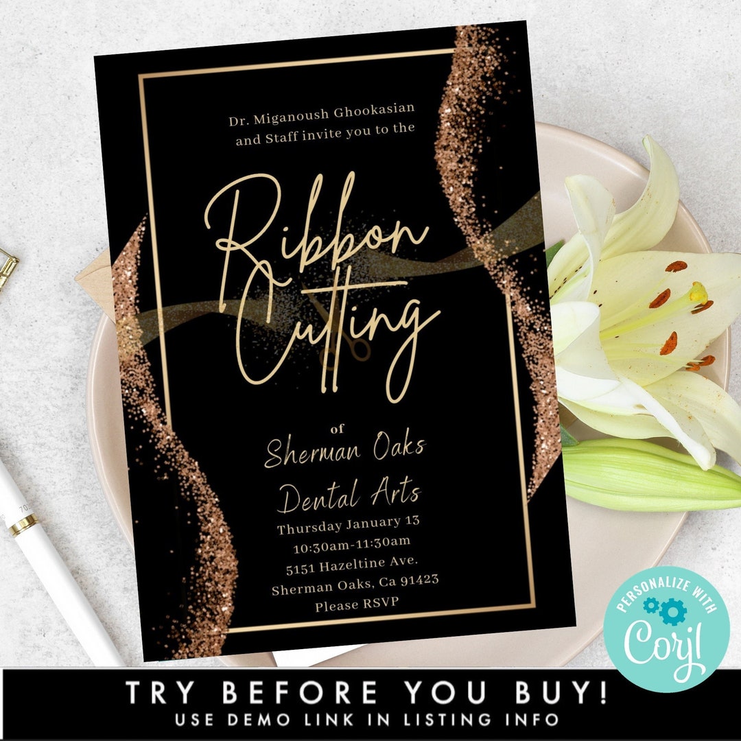 Black & Gold Ribbon Cutting Invitation Template, DIY Editable Ribbon ...
