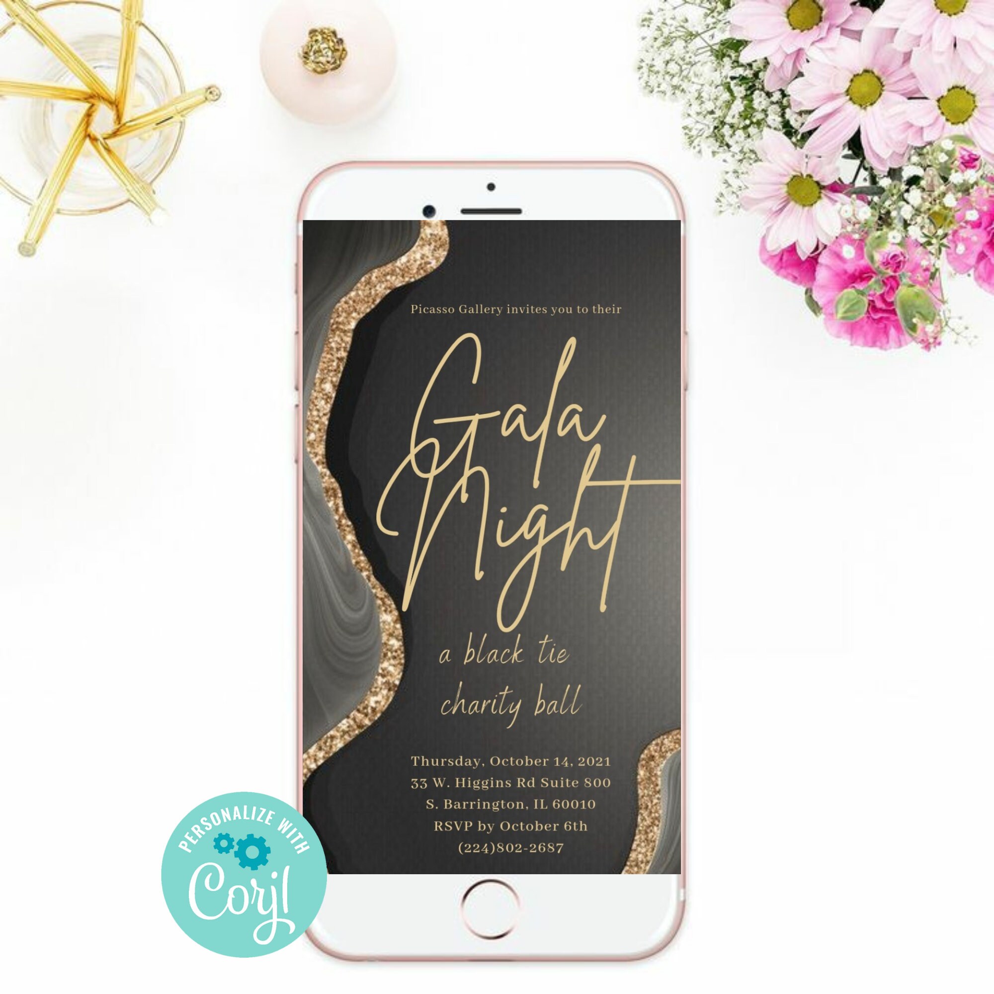 Black Gold Agate Textures Gala Night Party Invitation Template ...