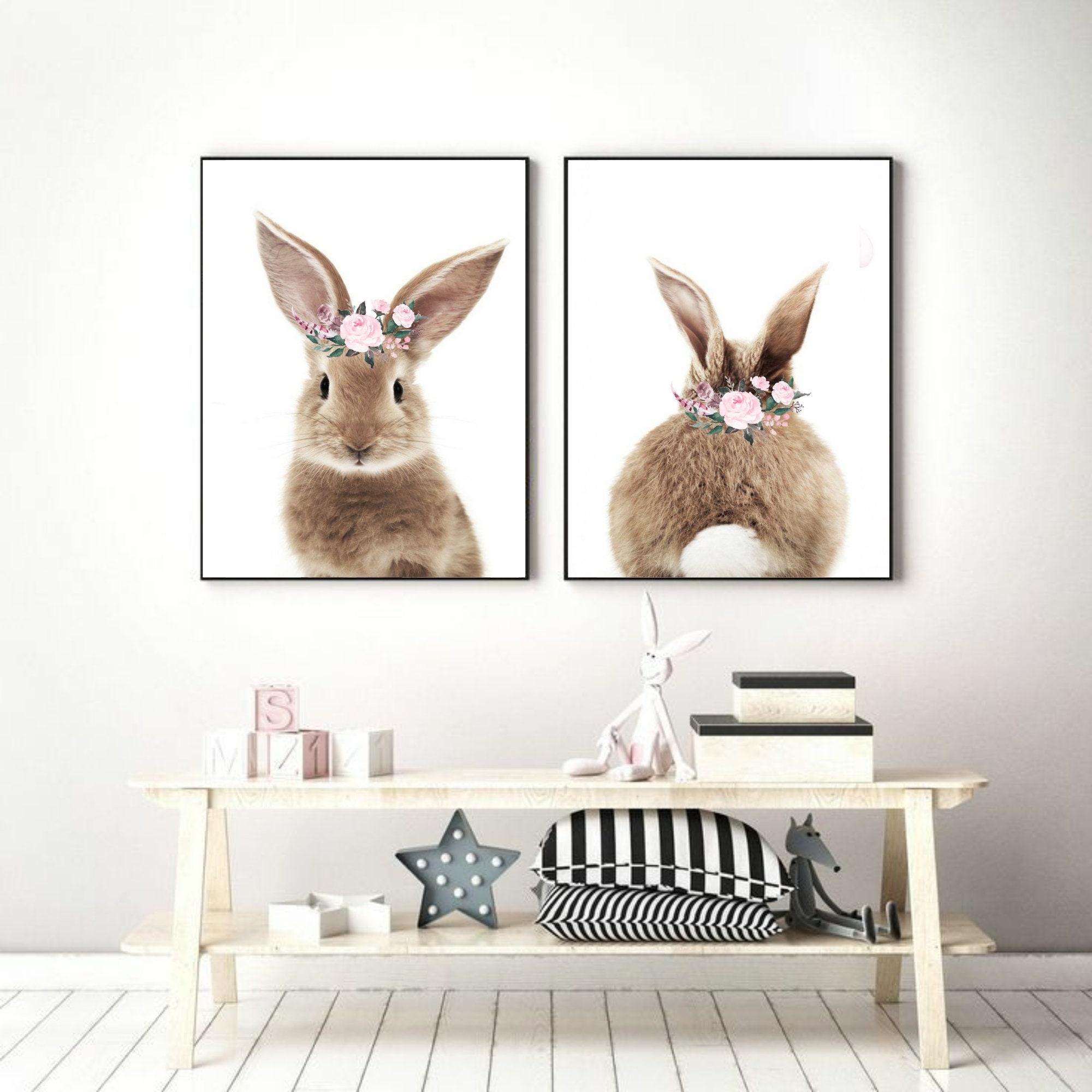 Bunny Rabbit Print Set of 2, Animal Prints, Nursery Wall Art, Digital ...