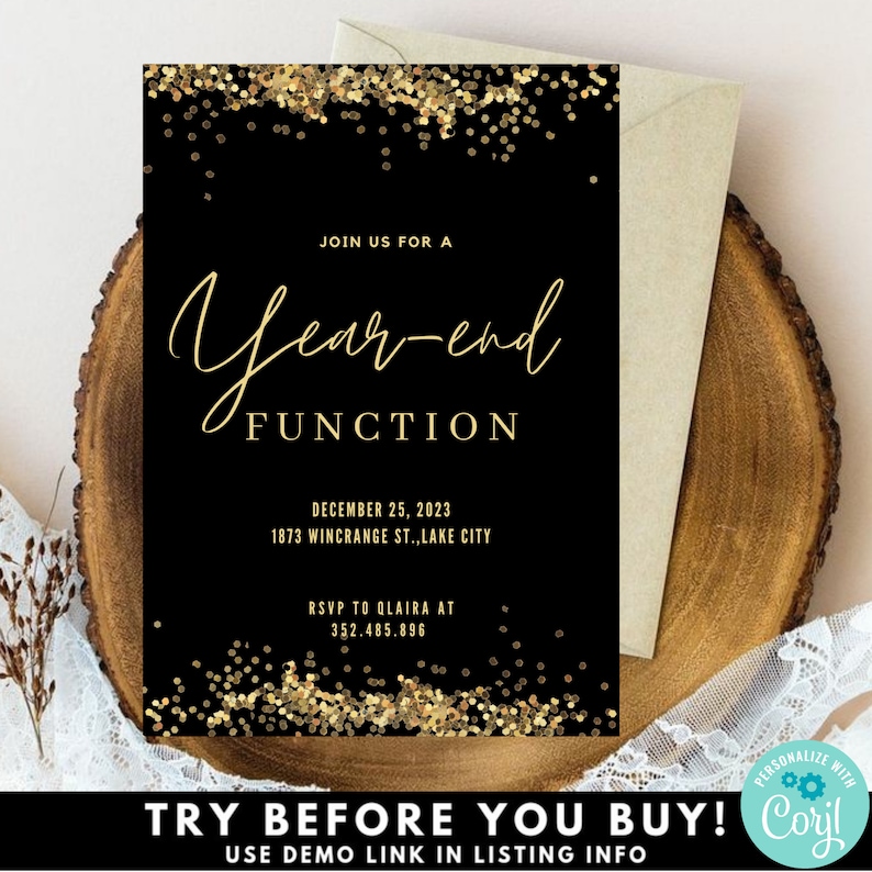 Black & Gold Confetti Year-end Function Invitation Template, Editable ...