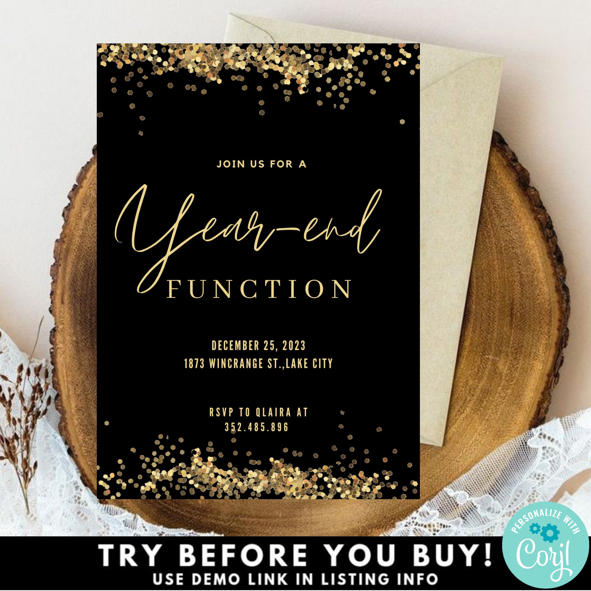 Black & Gold Confetti Year-end Function Invitation Template, Editable ...