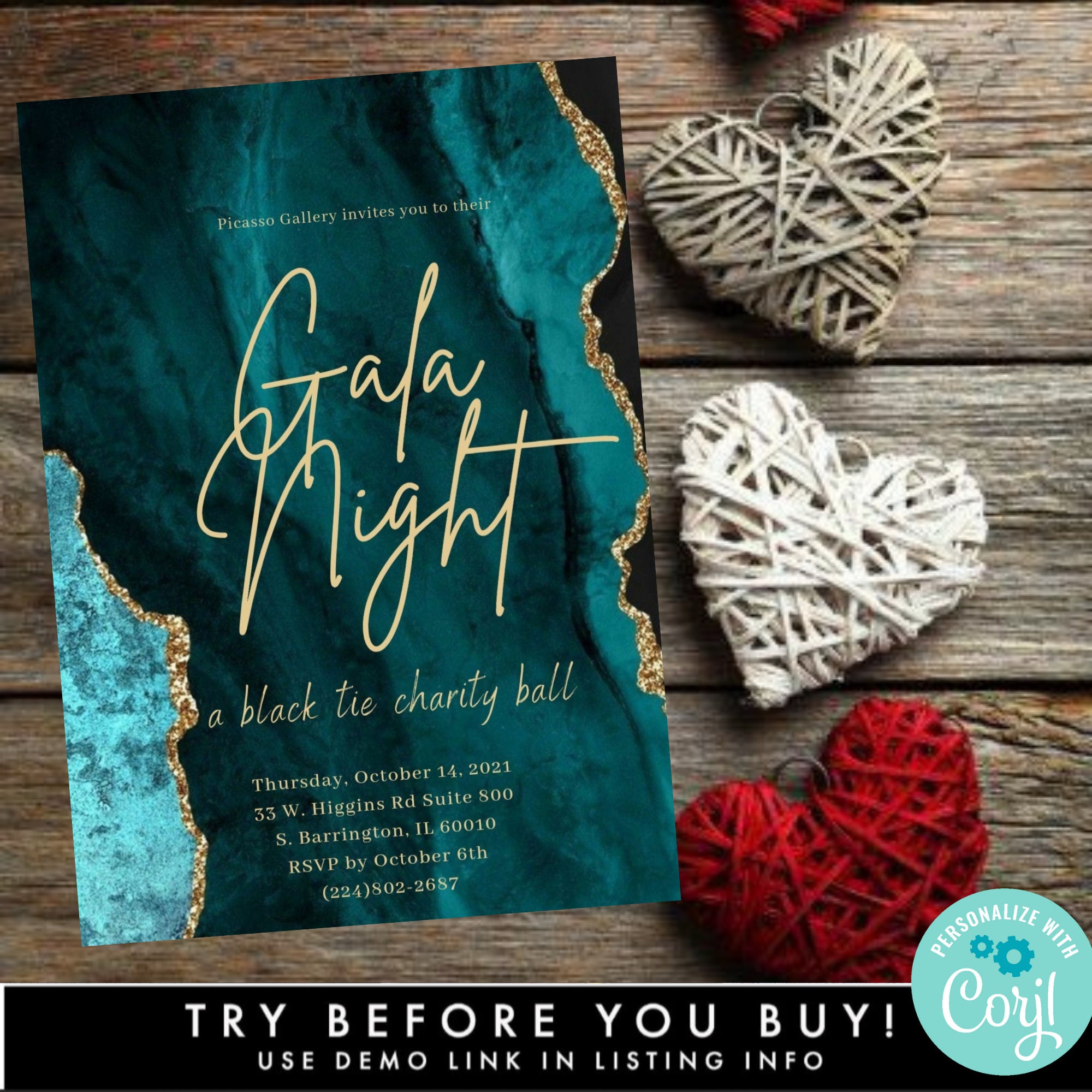 Teal Gold Agate Textures Gala Night Party Invitation Template ...
