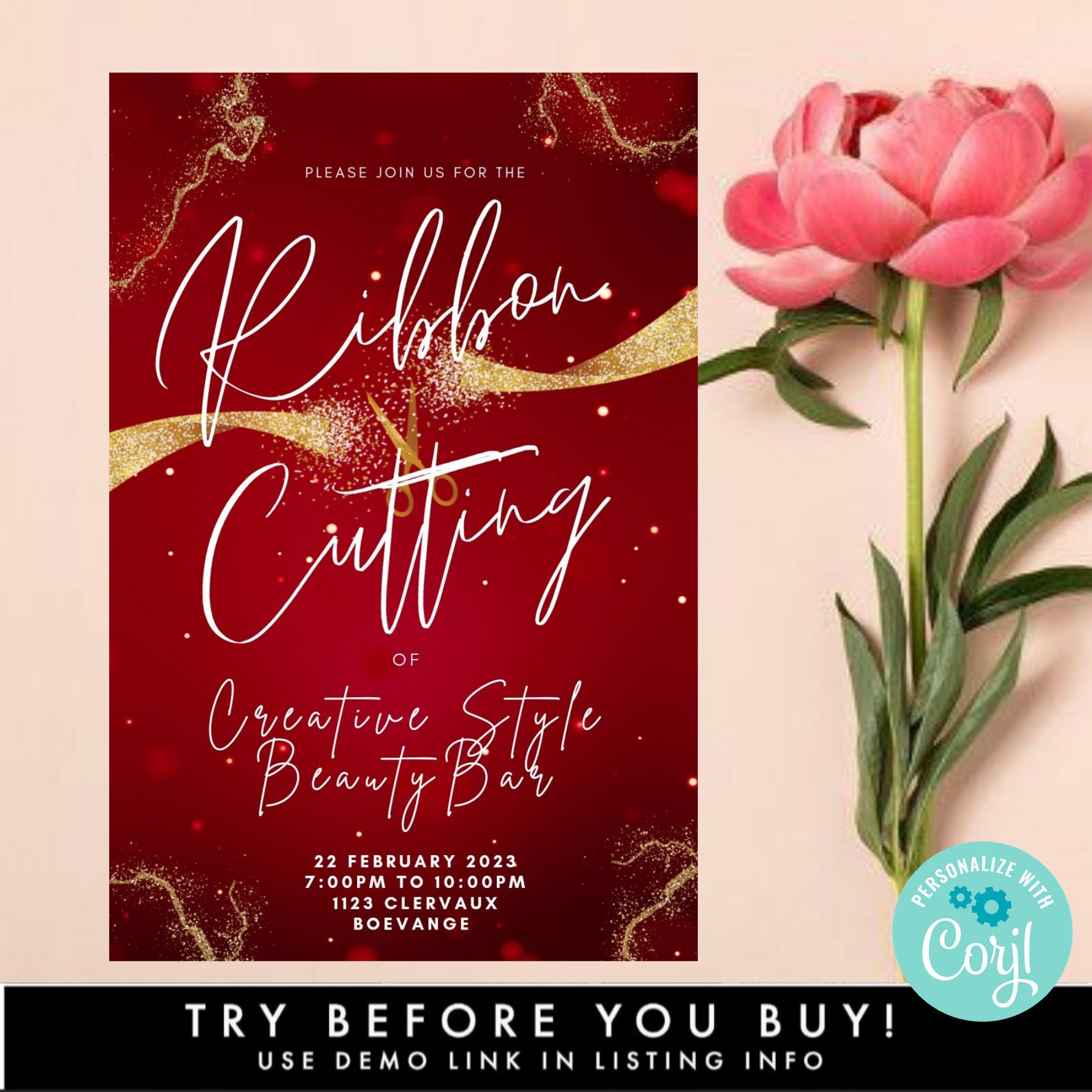 Red & Gold Ribbon Cutting Flyer Template, Grand Opening Invitation, Red ...