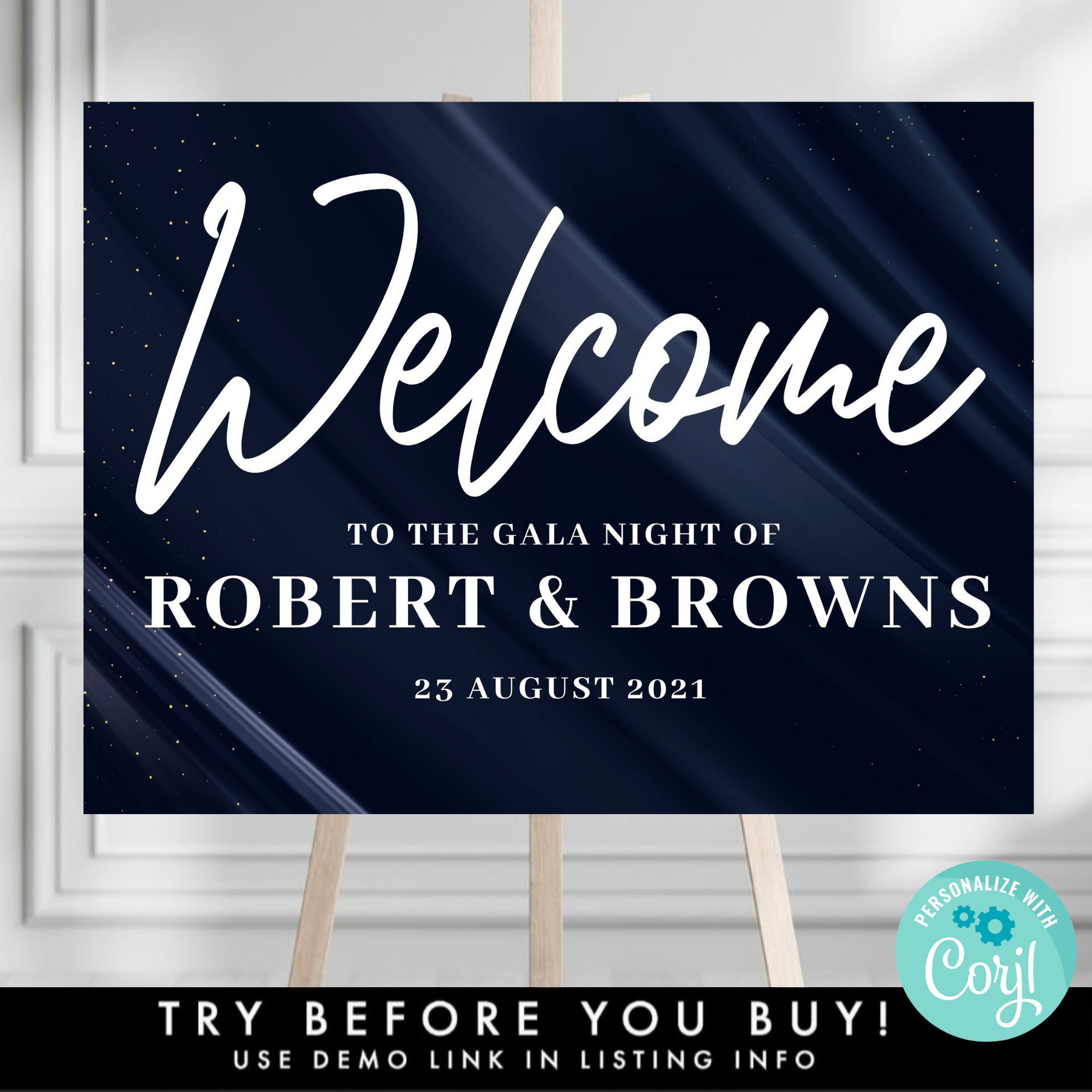 Gala Welcome Sign Template, Printable Blue & Gold Dust ANY EVENT Door ...