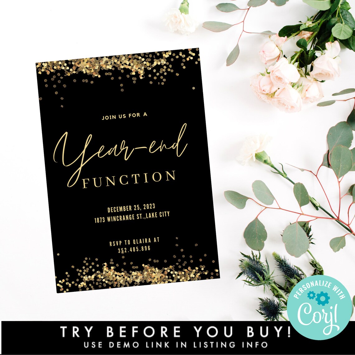 Black & Gold Confetti Year-end Function Invitation Template, Editable ...