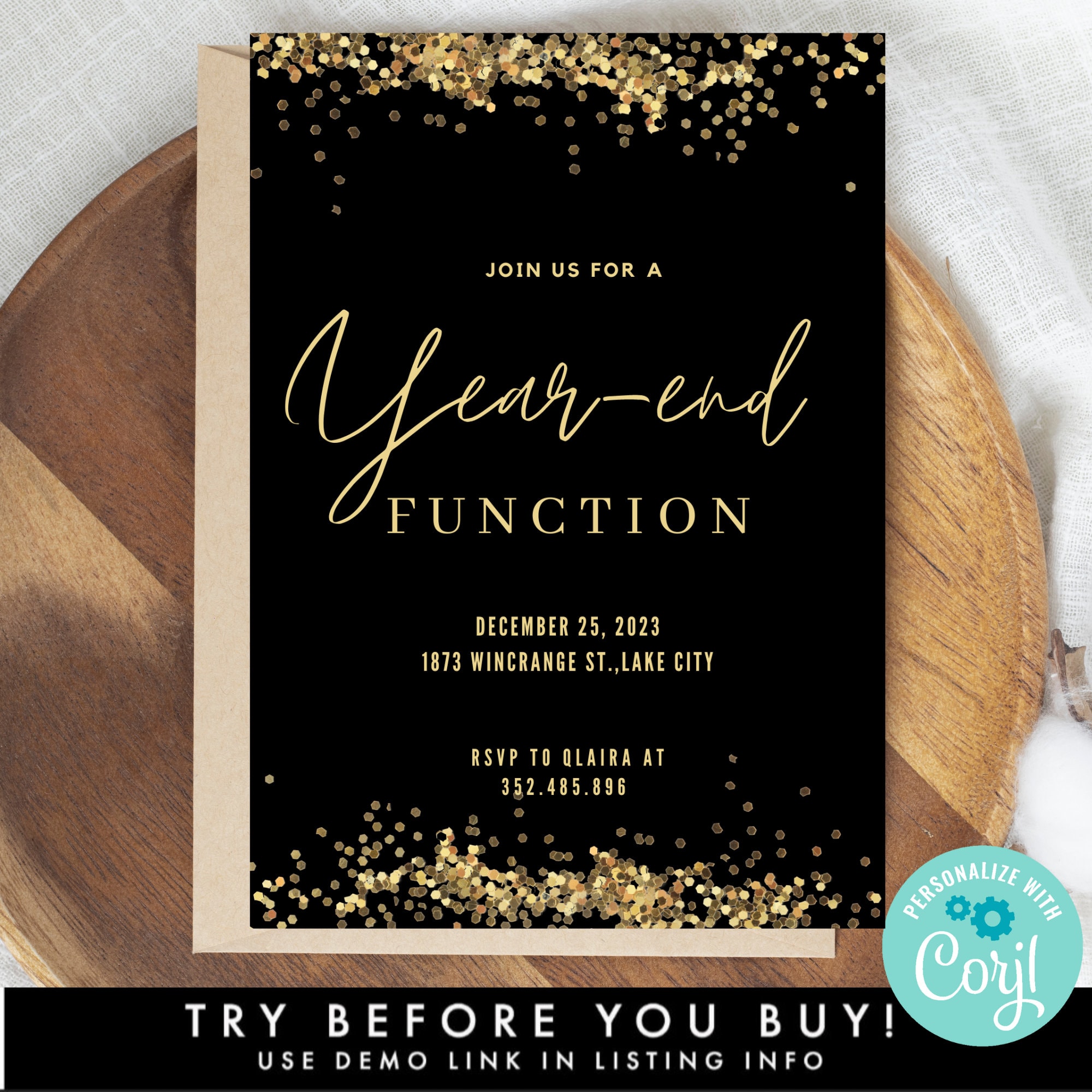Black & Gold Confetti Year-end Function Invitation Template, Editable ...