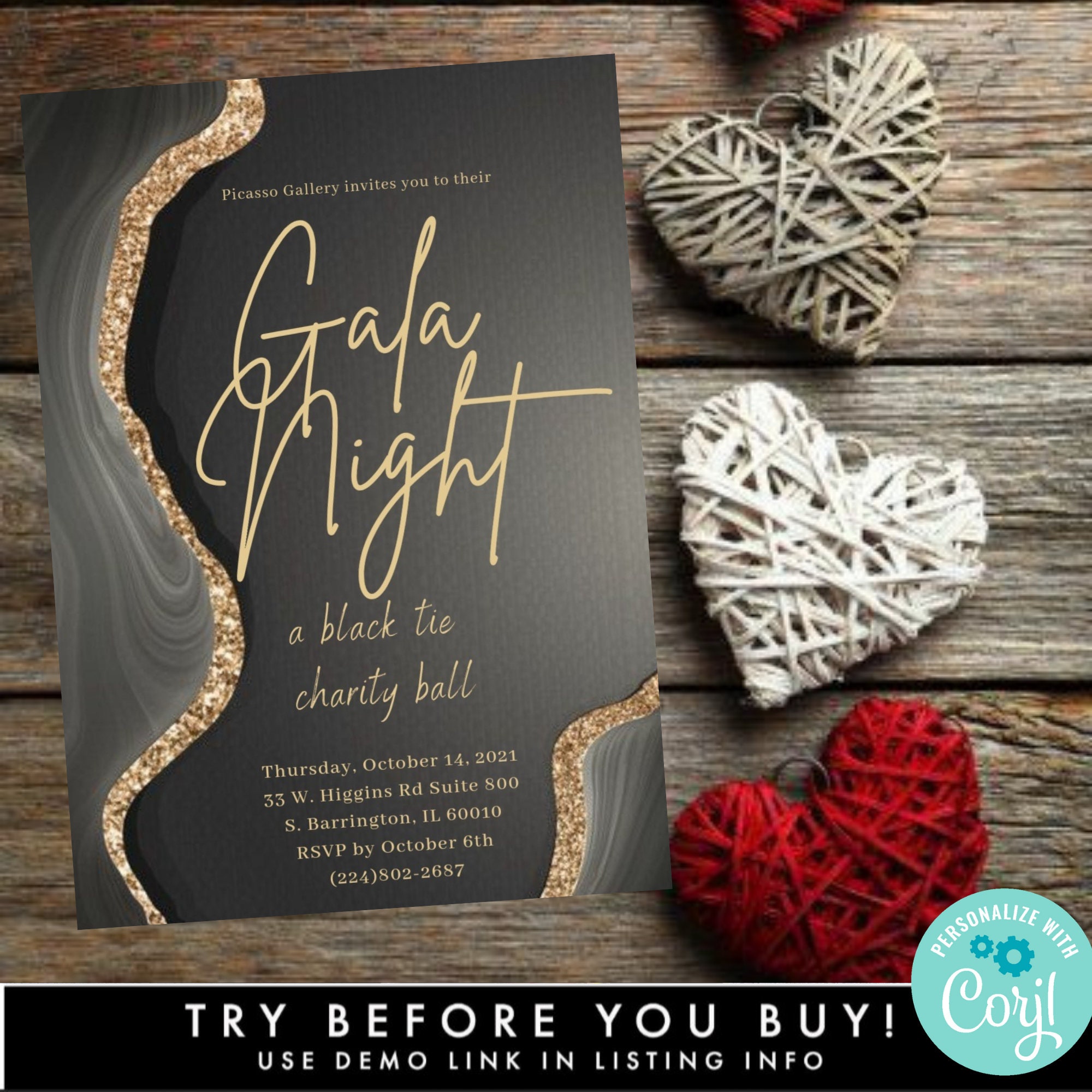 Black Gold Agate Textures Gala Night Party Invitation Template ...