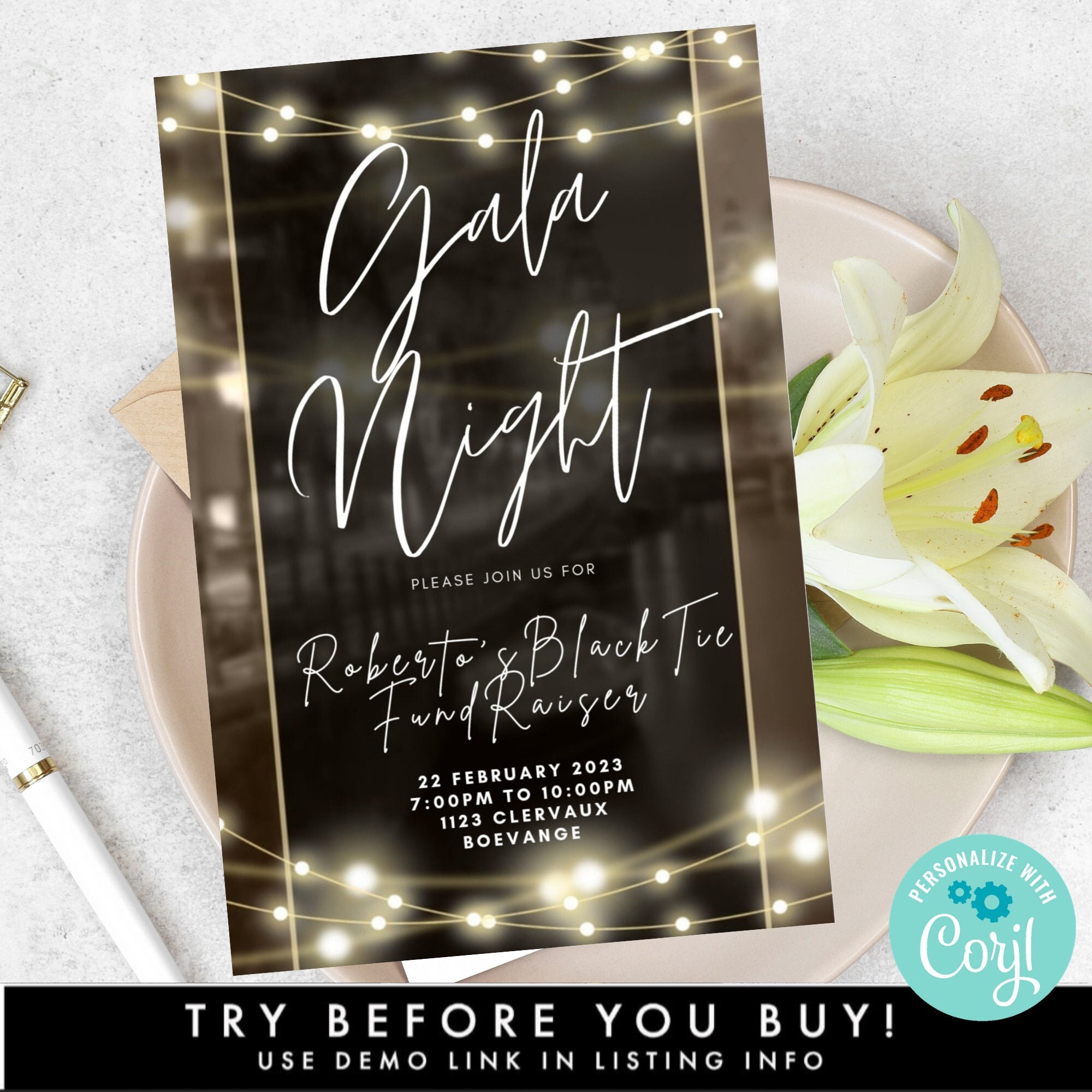 Electronic Gala Night Party Invitation Template, Paperless & Editable ...