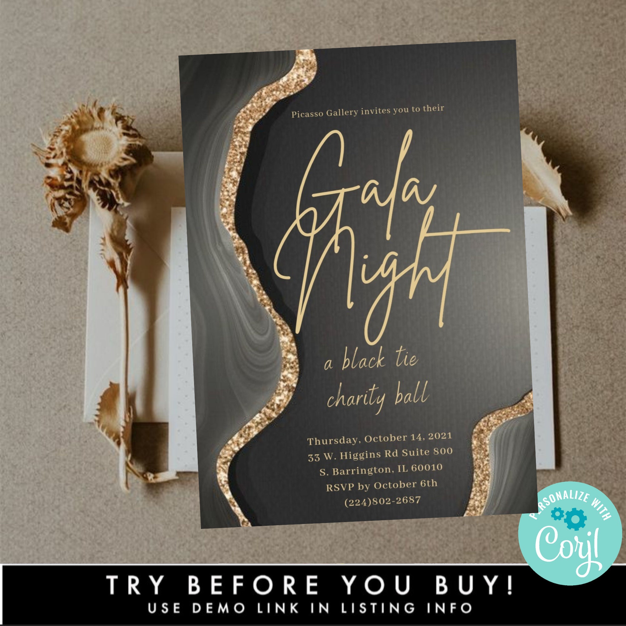 Black Gold Agate Textures Gala Night Party Invitation Template ...