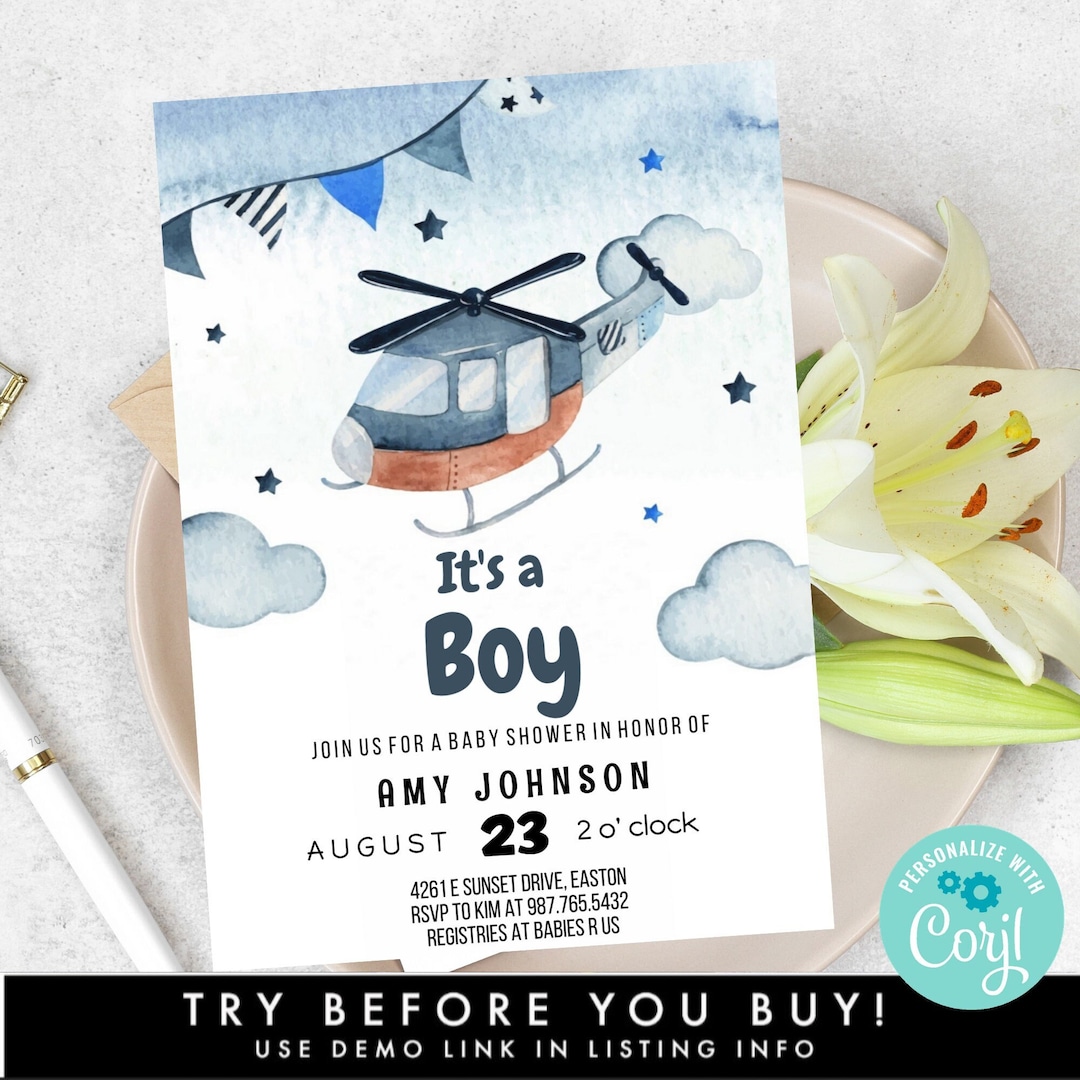 Helicopter Baby Shower Invitation Template, Editable Aviation Theme ...
