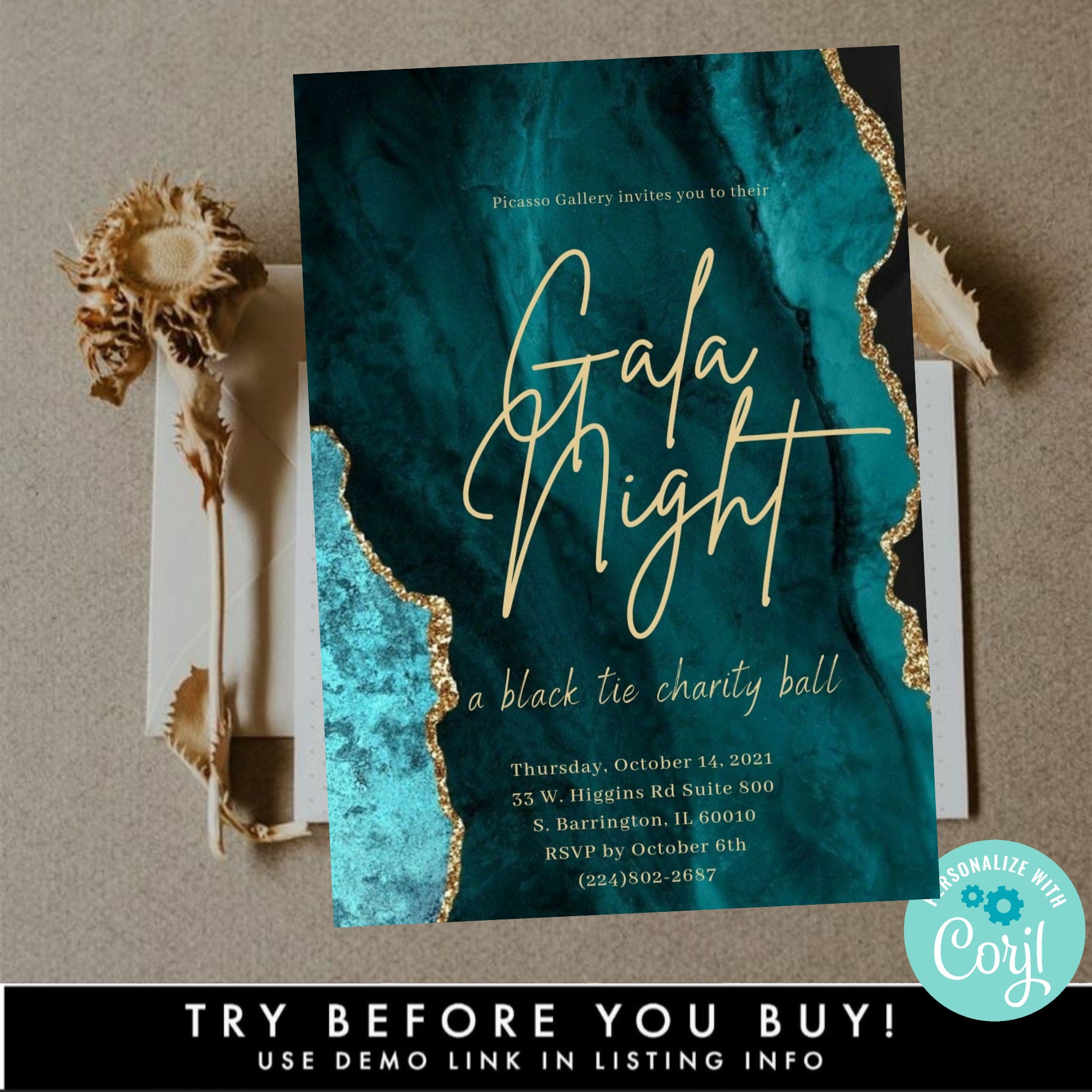 Teal Gold Agate Textures Gala Night Party Invitation Template ...