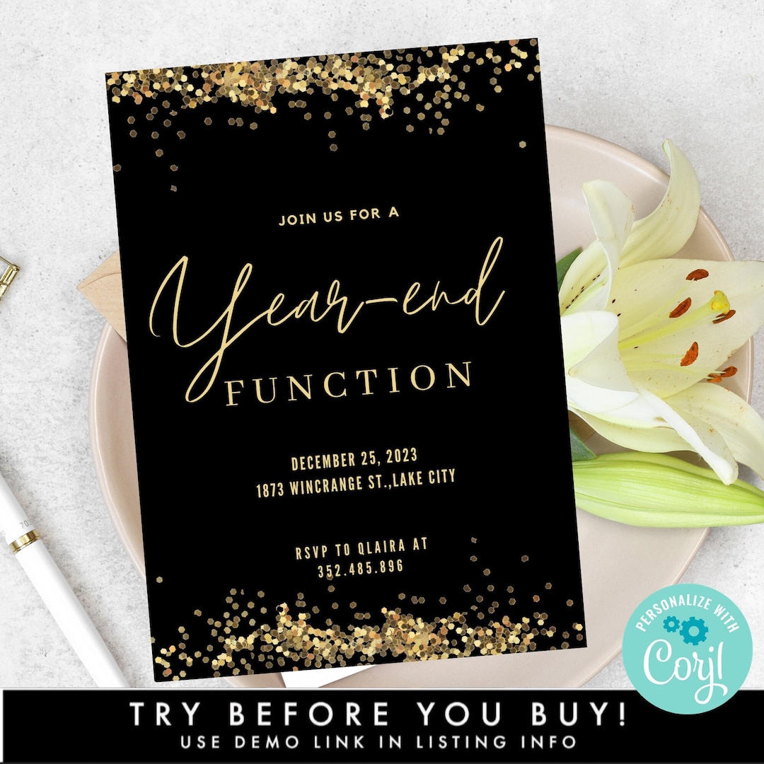 Black & Gold Confetti Year-end Function Invitation Template, Editable ...