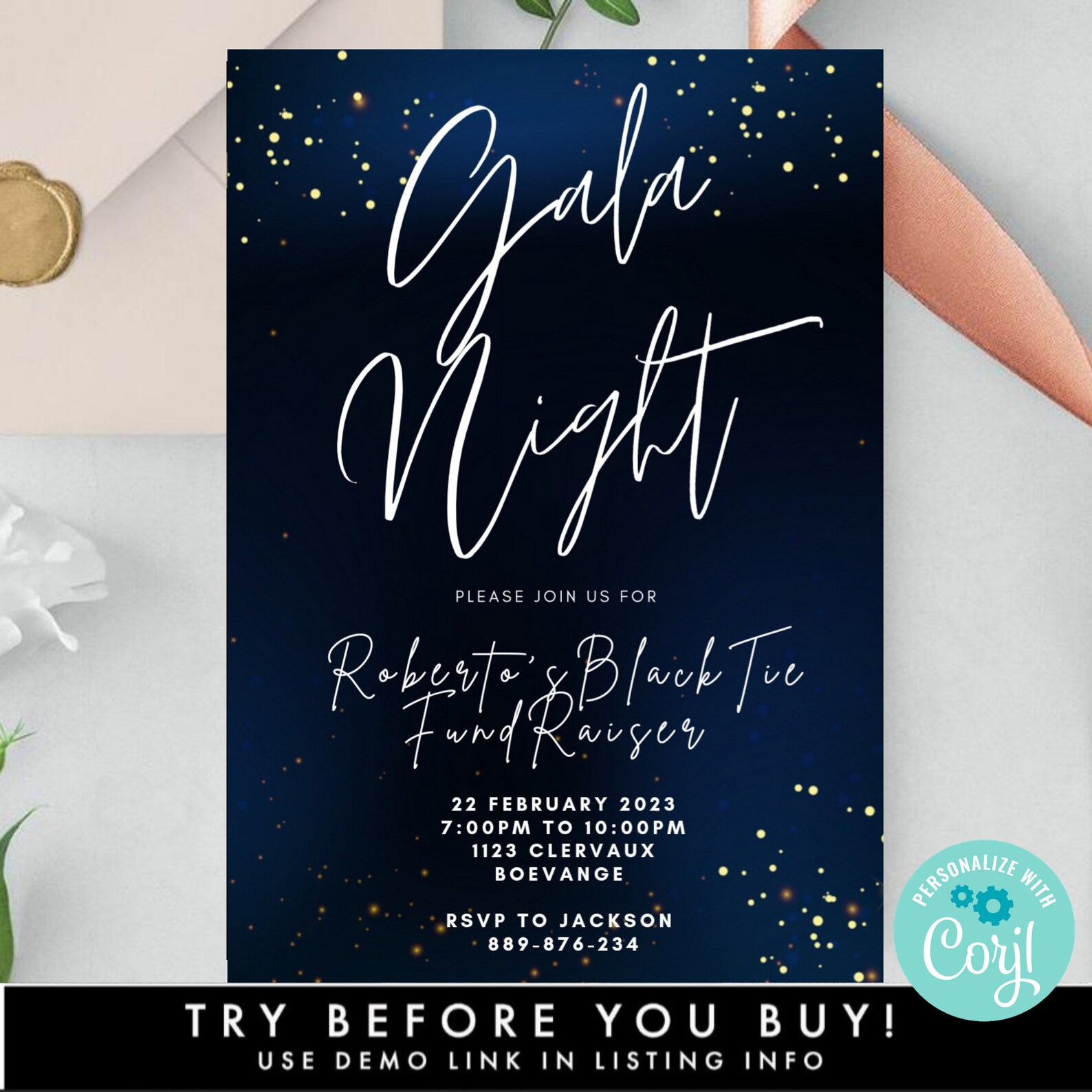 Electronic Gala Night Party Invitation Template, Paperless & Editable ...