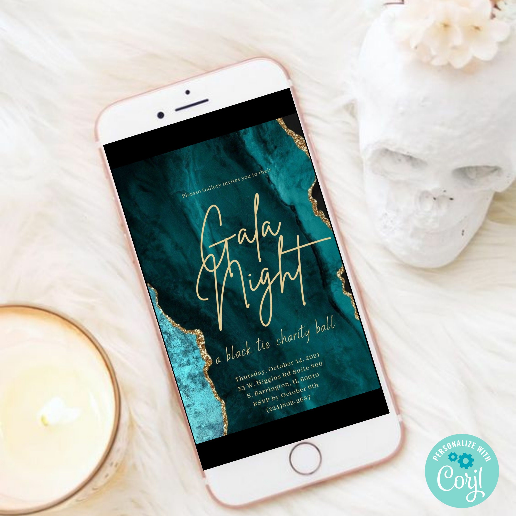 Teal Gold Agate Textures Gala Night Party Invitation Template ...