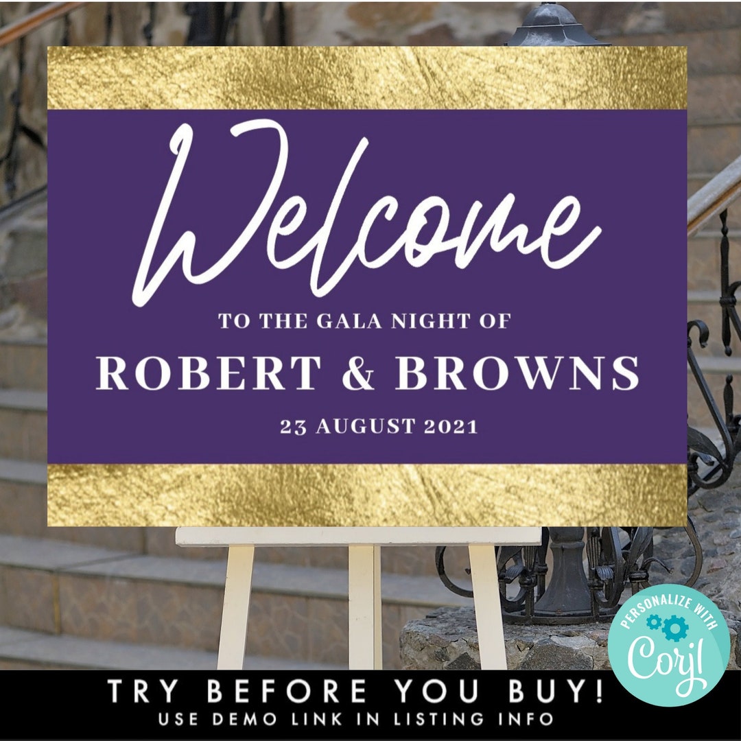 Purple & Foil Gold Welcome Sign Template, Printable ANY EVENT Door ...