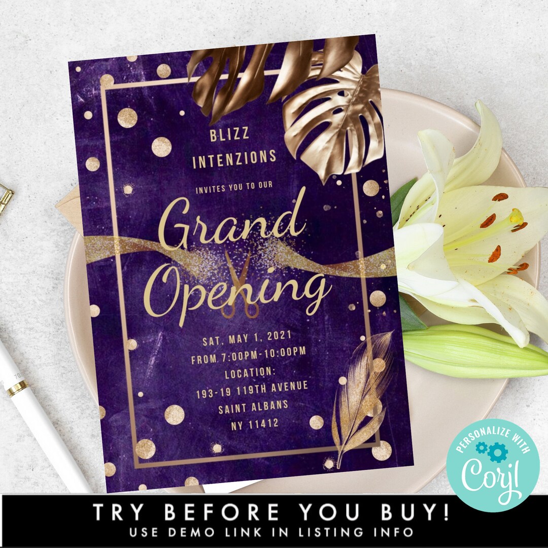 Purple & Gold Grand Opening Invitation Template, DIY Monstra Leave ...
