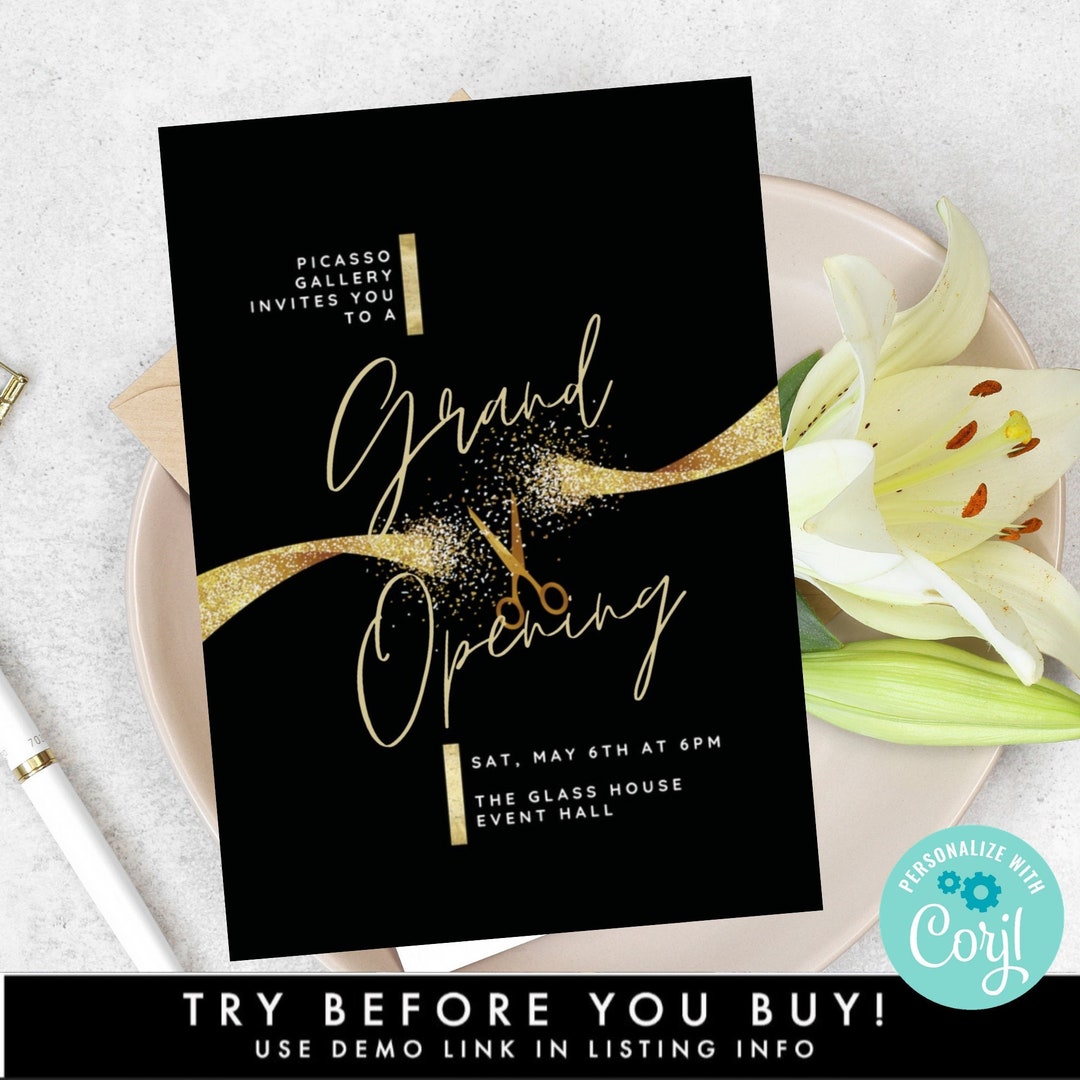 Black & Gold Grand Opening Invitation Editable Template, DIY Modern ...