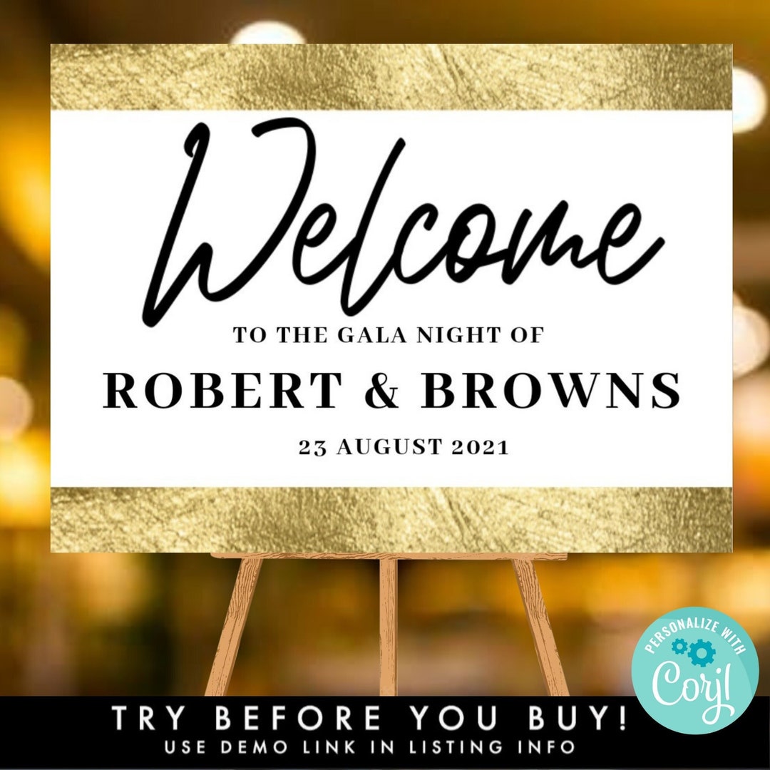 Gala Welcome Sign Template, Printable White & Foil Gold Welcome Display ...