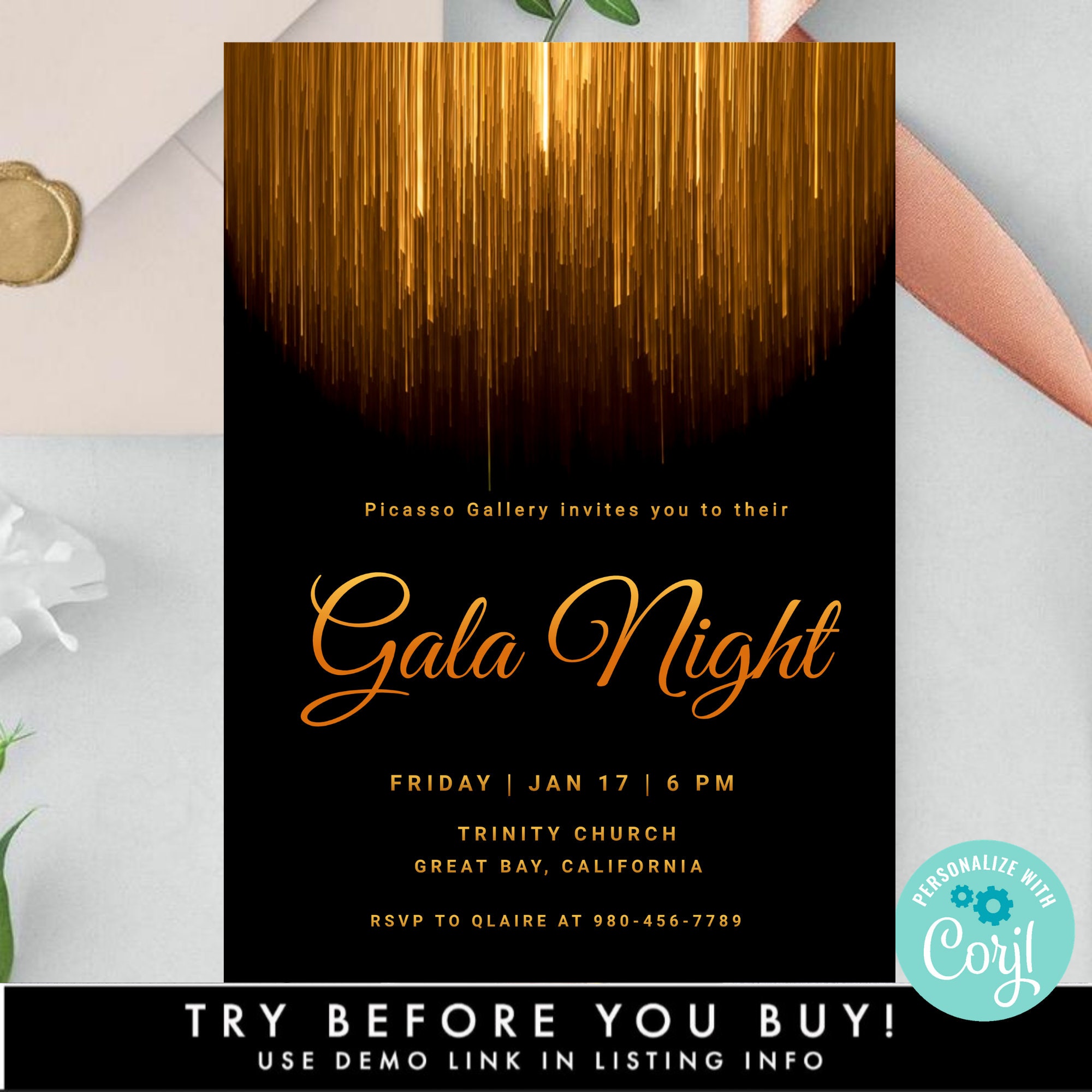 Electronic Gala Night Party Invitation Template, Paperless & Editable ...