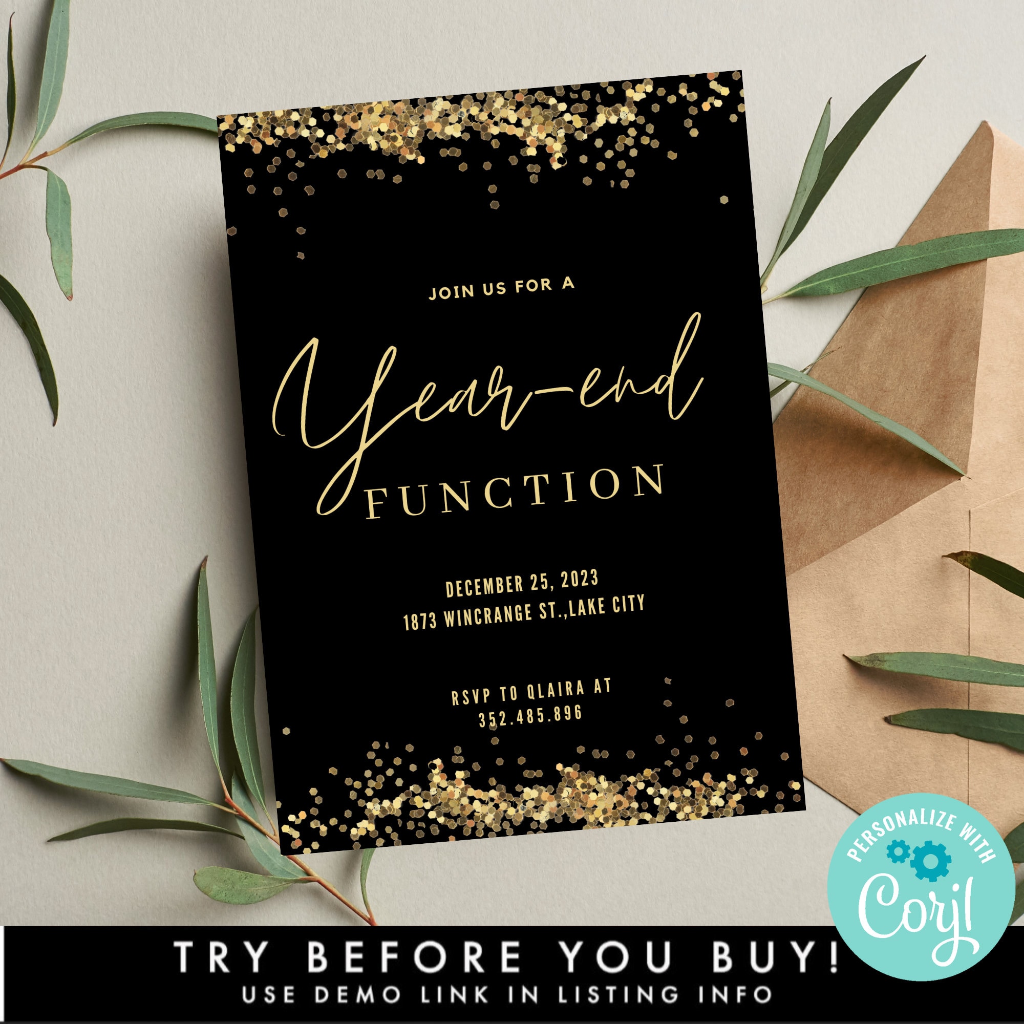 Black & Gold Confetti Year-end Function Invitation Template, Editable ...