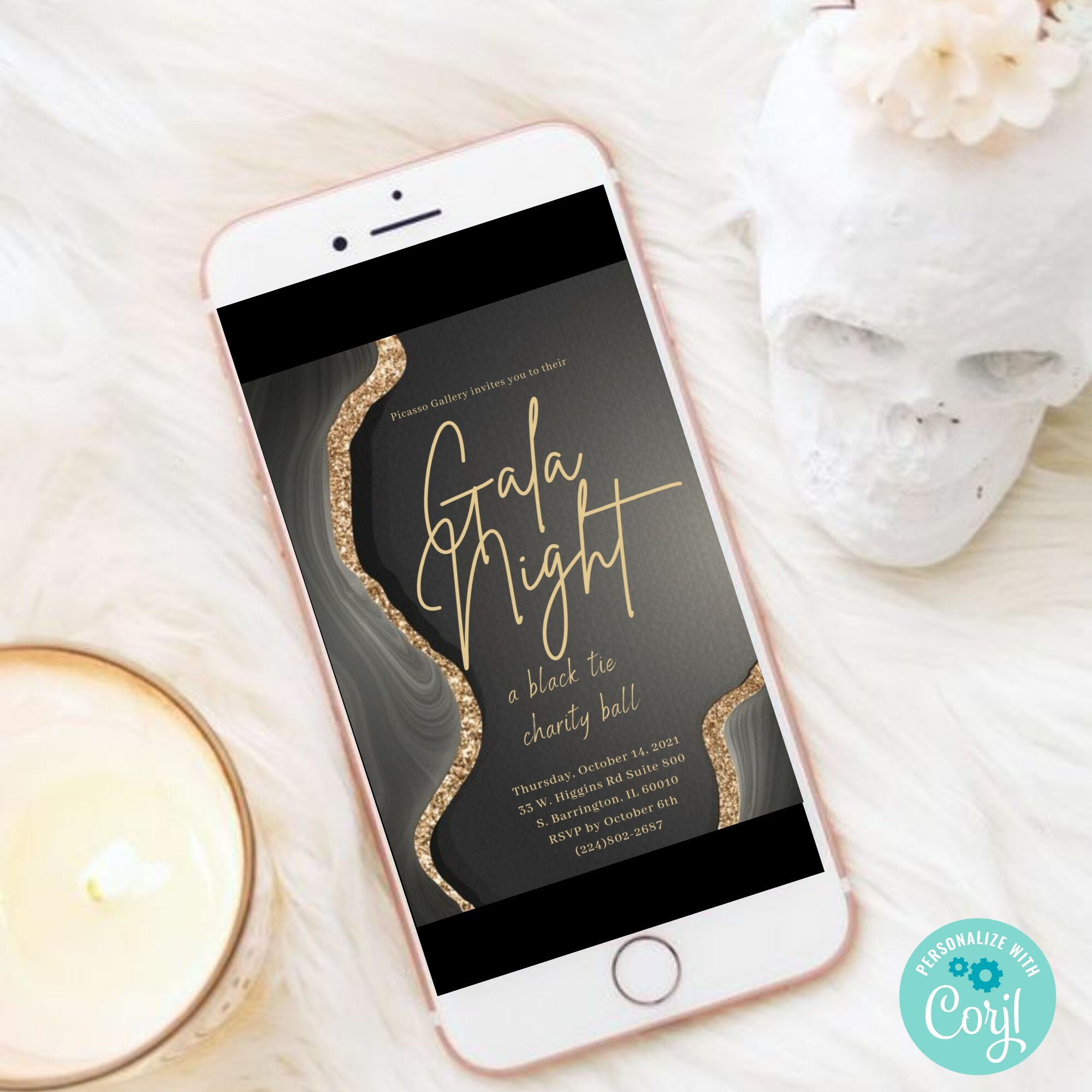 Black Gold Agate Textures Gala Night Party Invitation Template ...