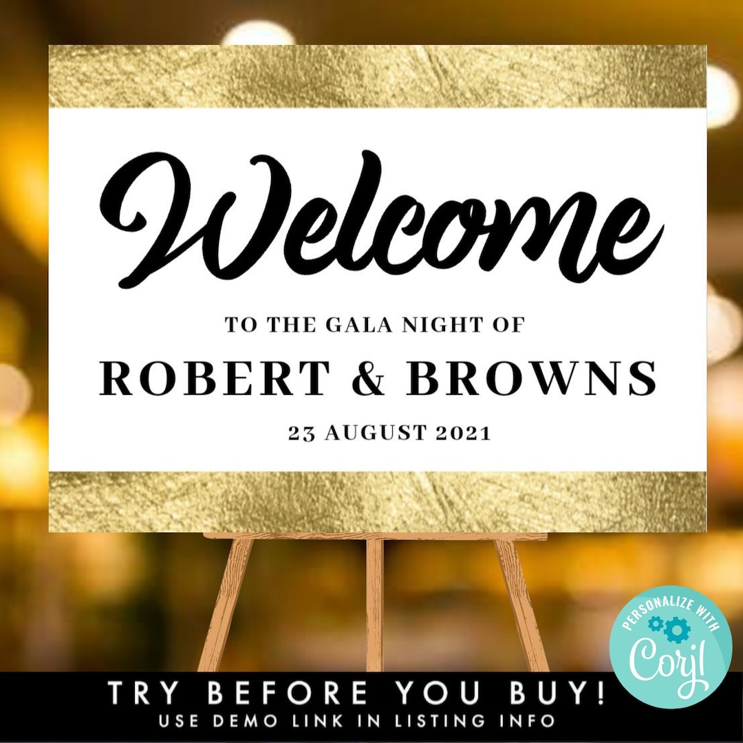 Gala Welcome Sign Template, Printable White & Foil Gold Welcome Display ...