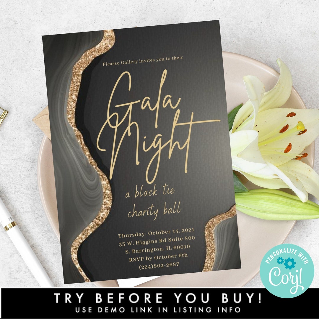 Black Gold Agate Textures Gala Night Party Invitation Template ...