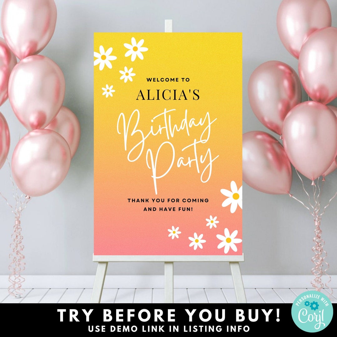 Daisy Birthday Party Welcome Sign Template, Editable Bohemian Daisy ...
