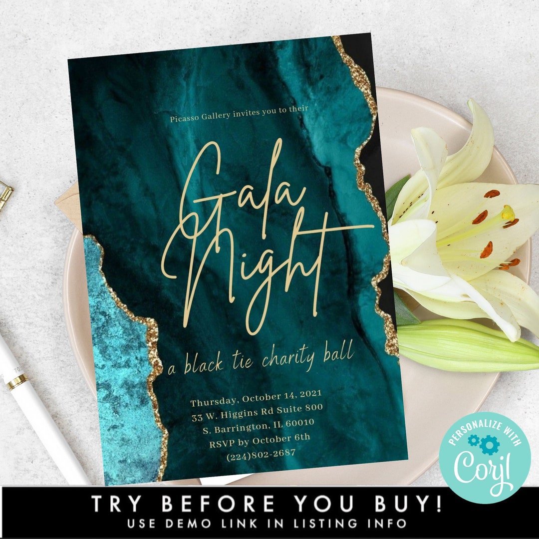 Teal Gold Agate Textures Gala Night Party Invitation Template ...