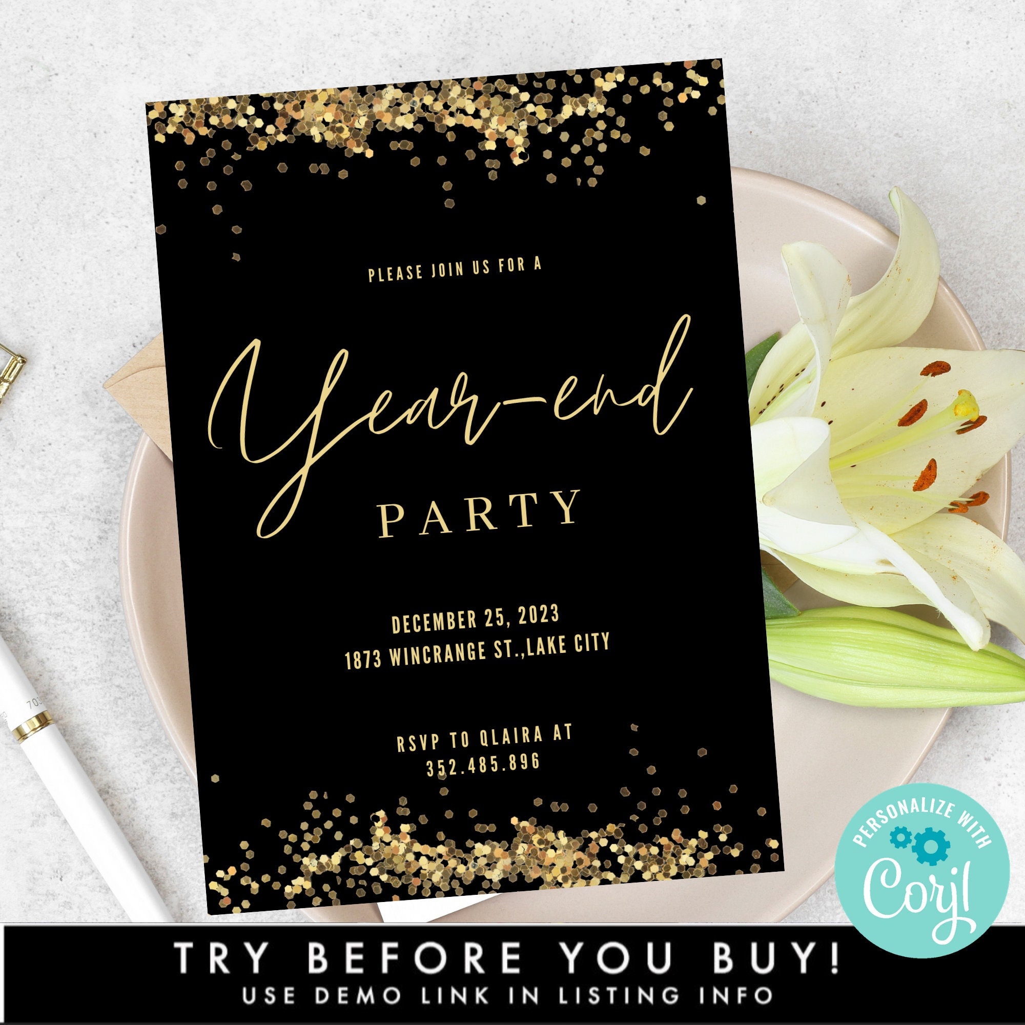 Black & Gold Confetti Year-end Party Invitation Template, Editable ...