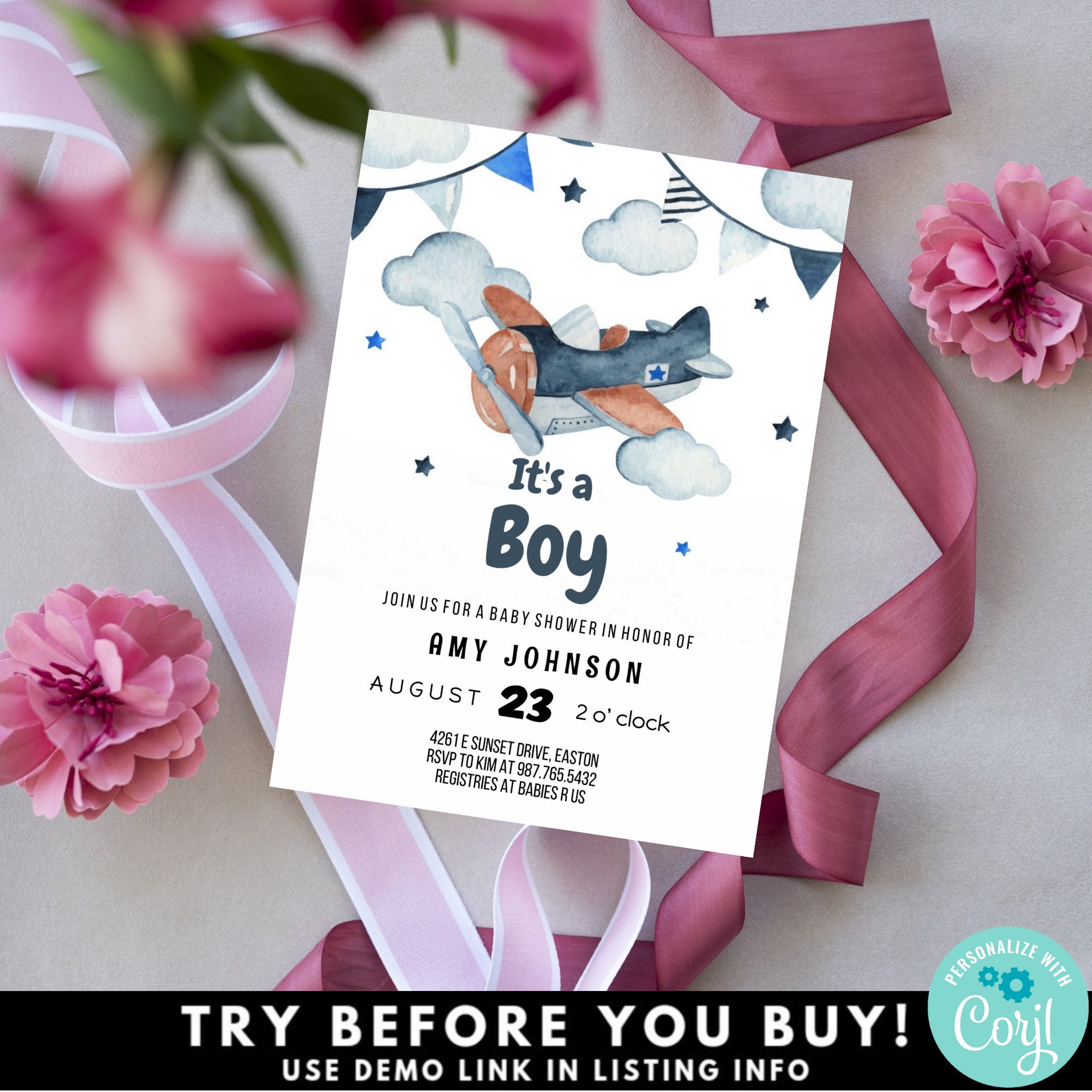 Airplane Baby Shower Invitation Template, Editable Aviation Theme ...