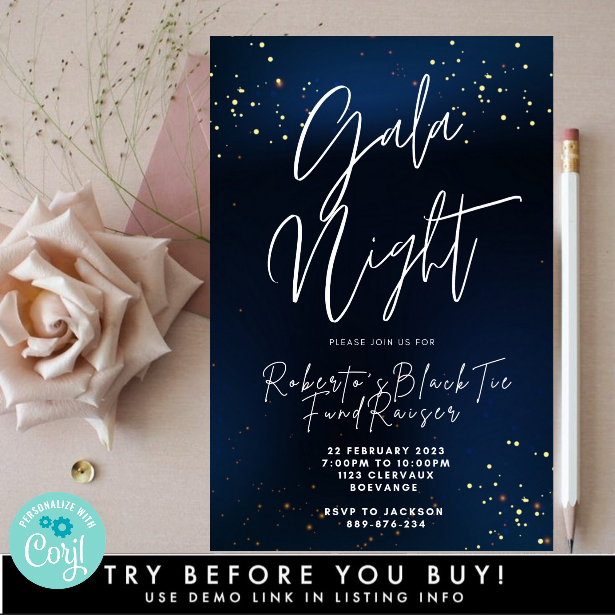 Electronic Gala Night Party Invitation Template, Paperless & Editable ...